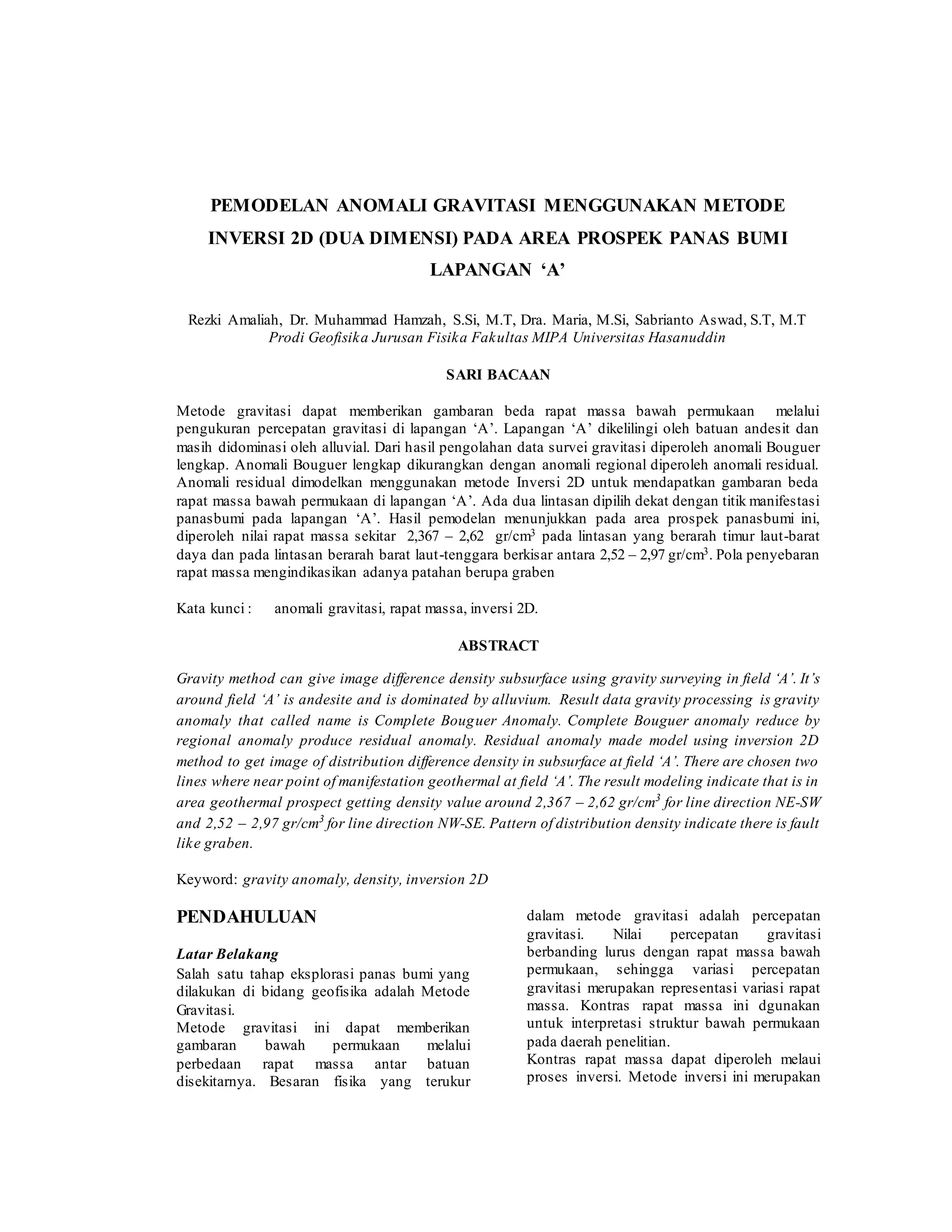 Jurnal pemodelan anomali gravitasi menggunakan metode inversi 2 d (dua ...