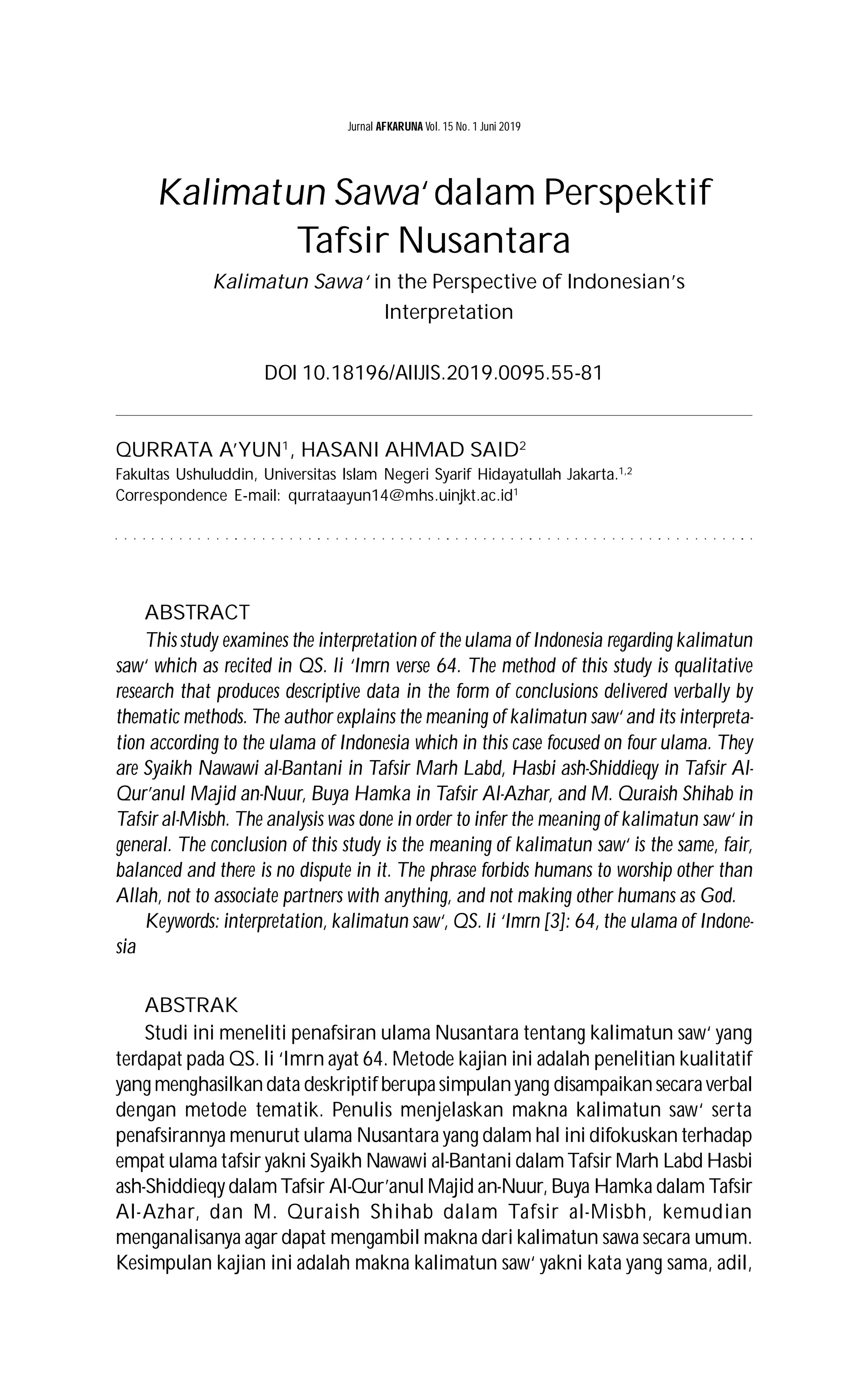 Hasani Ahmad Said - Jurnal Afkaruna - Kalimatun Sawa‘ - 5761-23418-1-PB.pdf