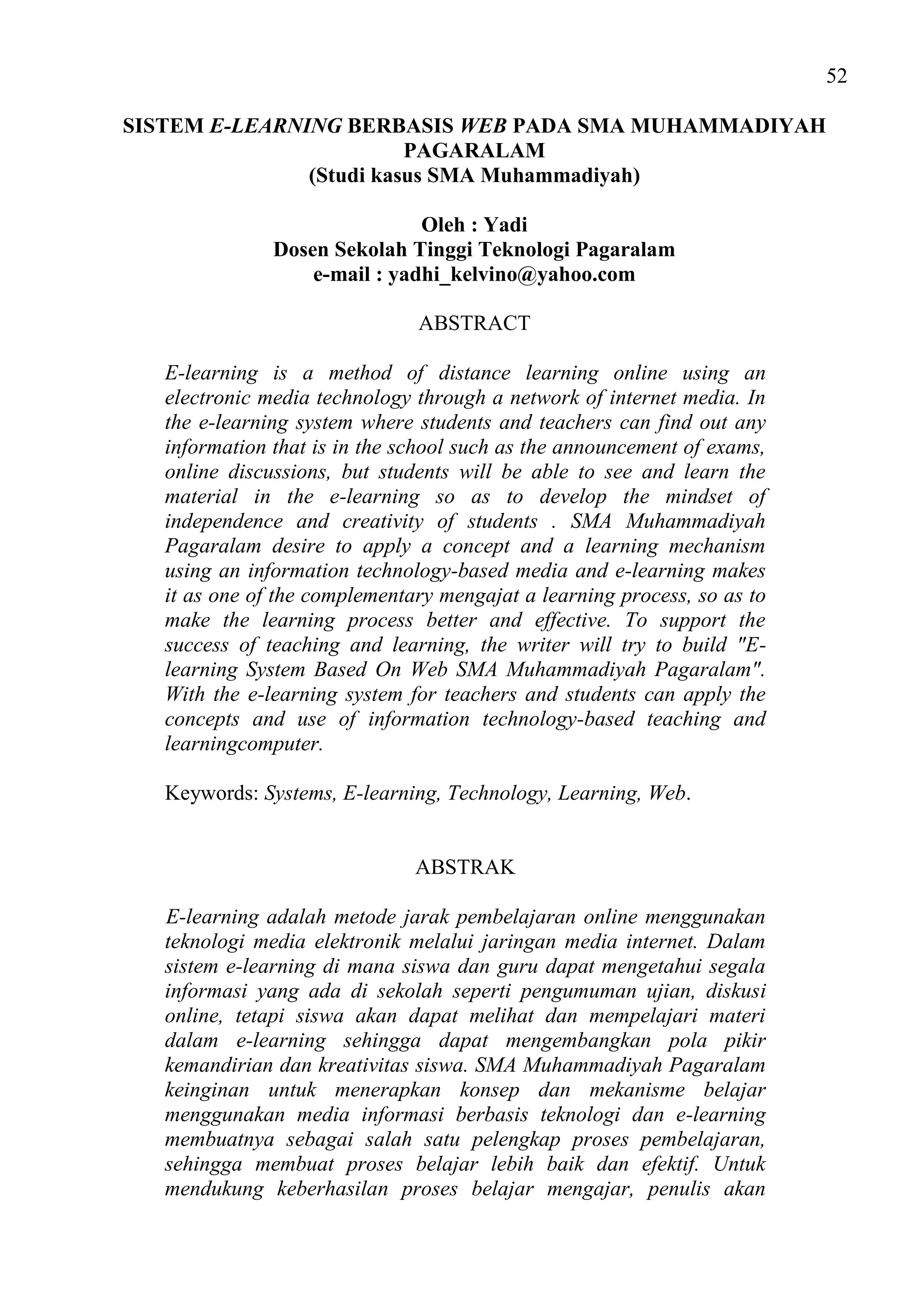 Sistem E-learning Berbasis Web Pada SMA Muhammadiyah Pagaralam | PDF