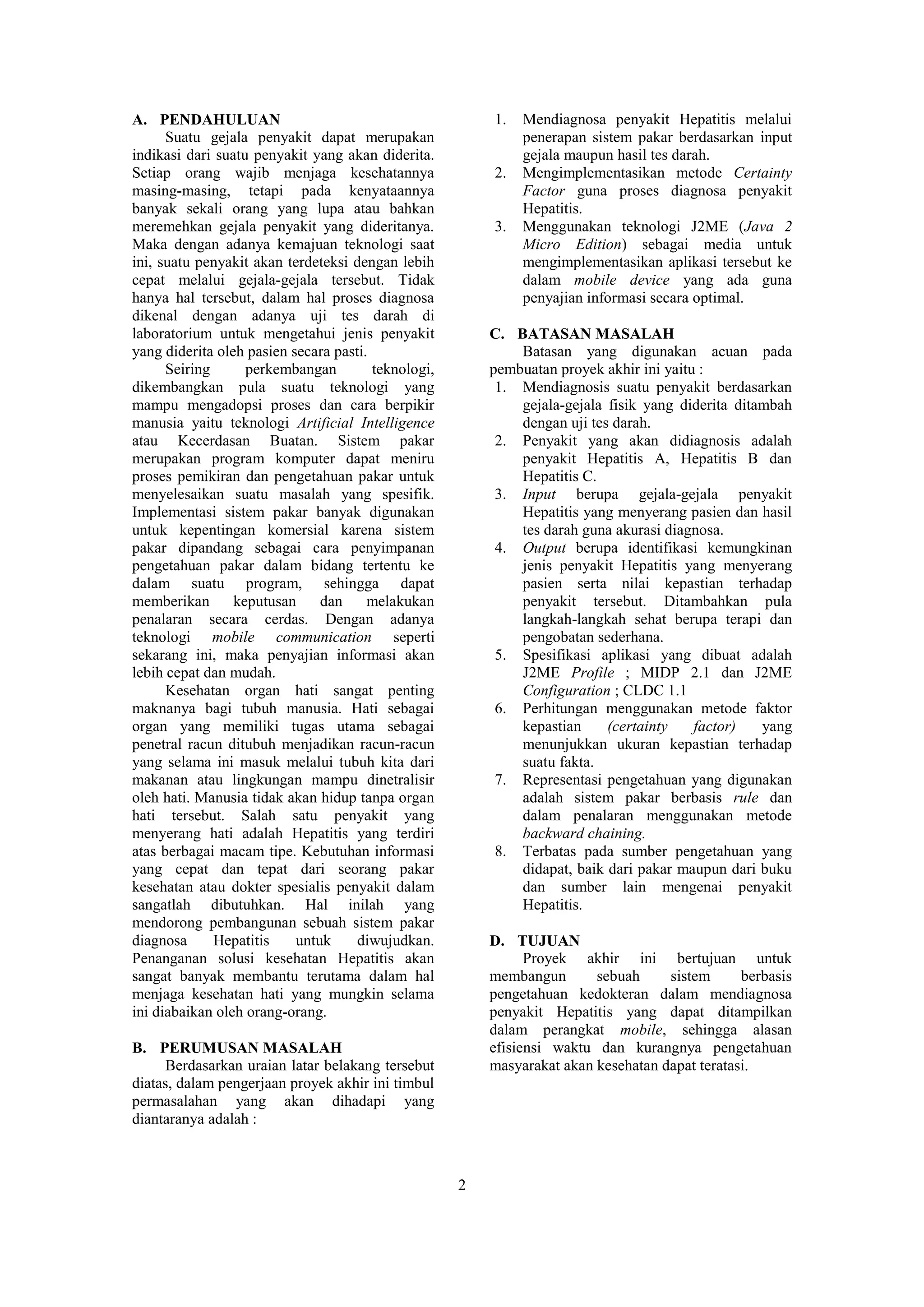 Jurnal sistem pakar penyakit hepatitis dengan menggunakan metode ...