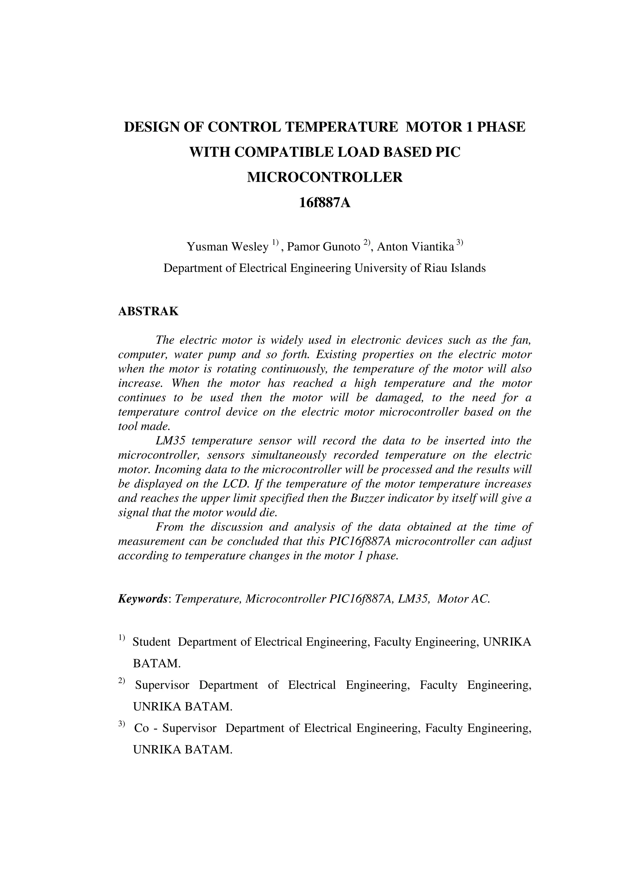 DESIGN OF CONTROL TEMPERATURE MOTOR 1 PHASE WITH COMPATIBLE LOAD BASED PIC MICROCONTROLLER ...