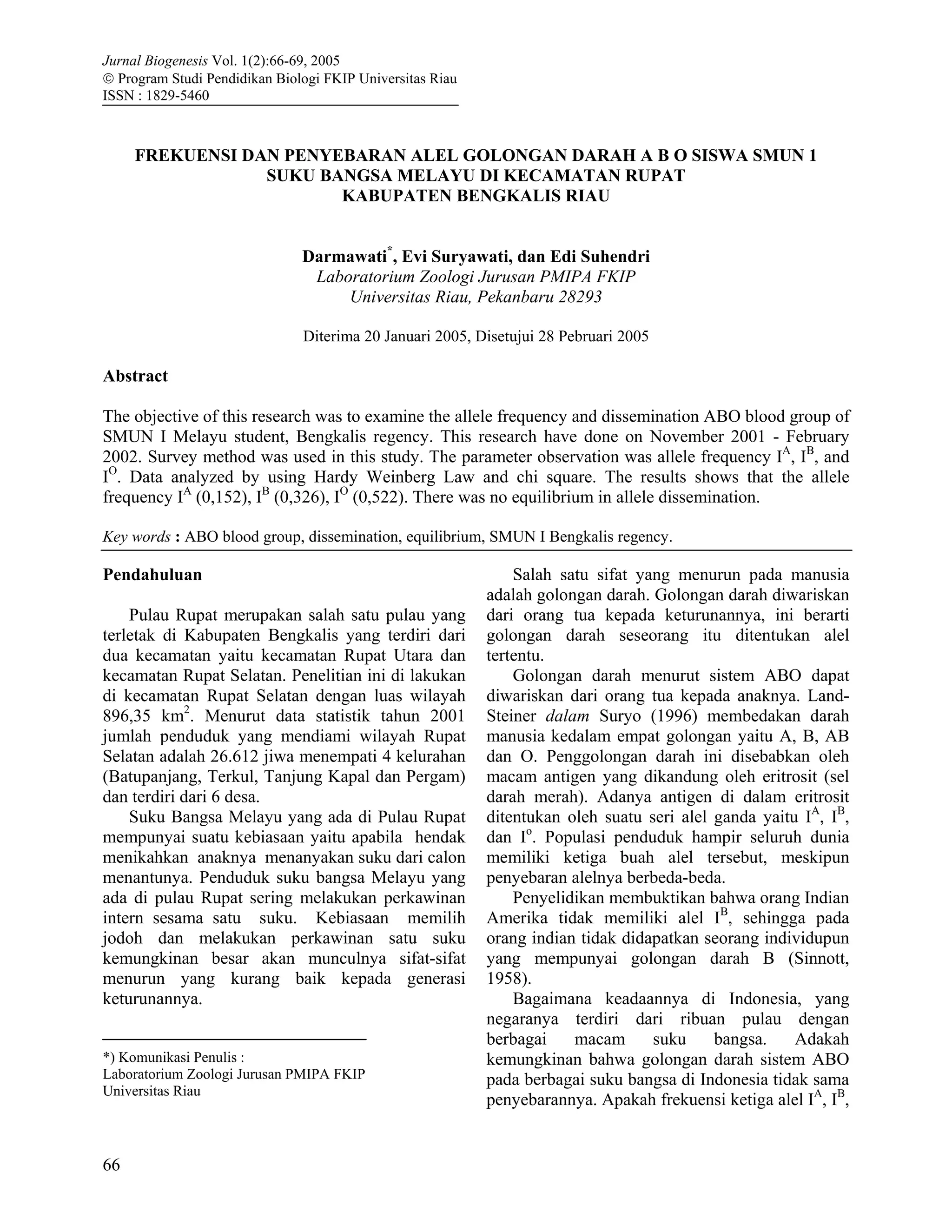 Jurnal frekuensi dan penyebaran alel golongan darah a b o | PDF