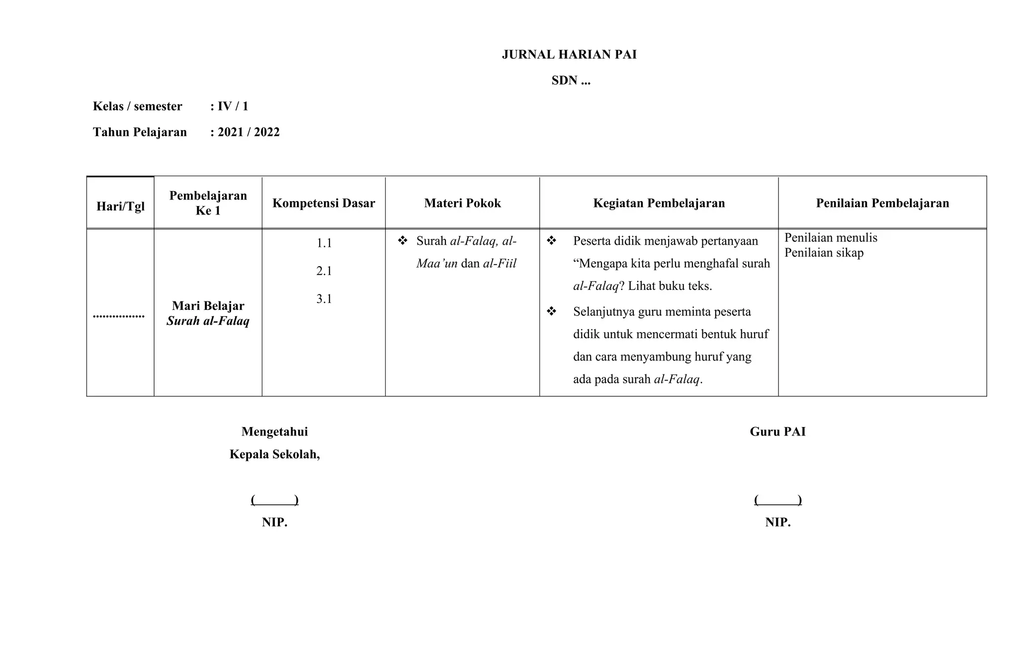 JURNAL HARIAN PAI KELAS 4 SEMESTER 1.docx