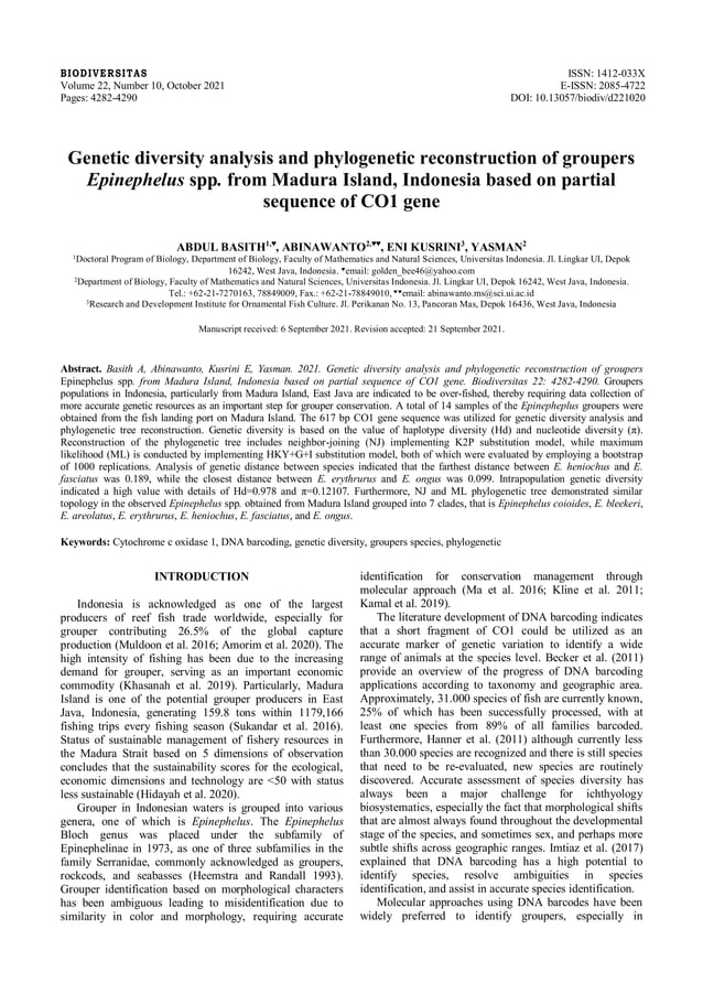 Genetic diversity analysis and phylogenetic reconstruction of groupers ...