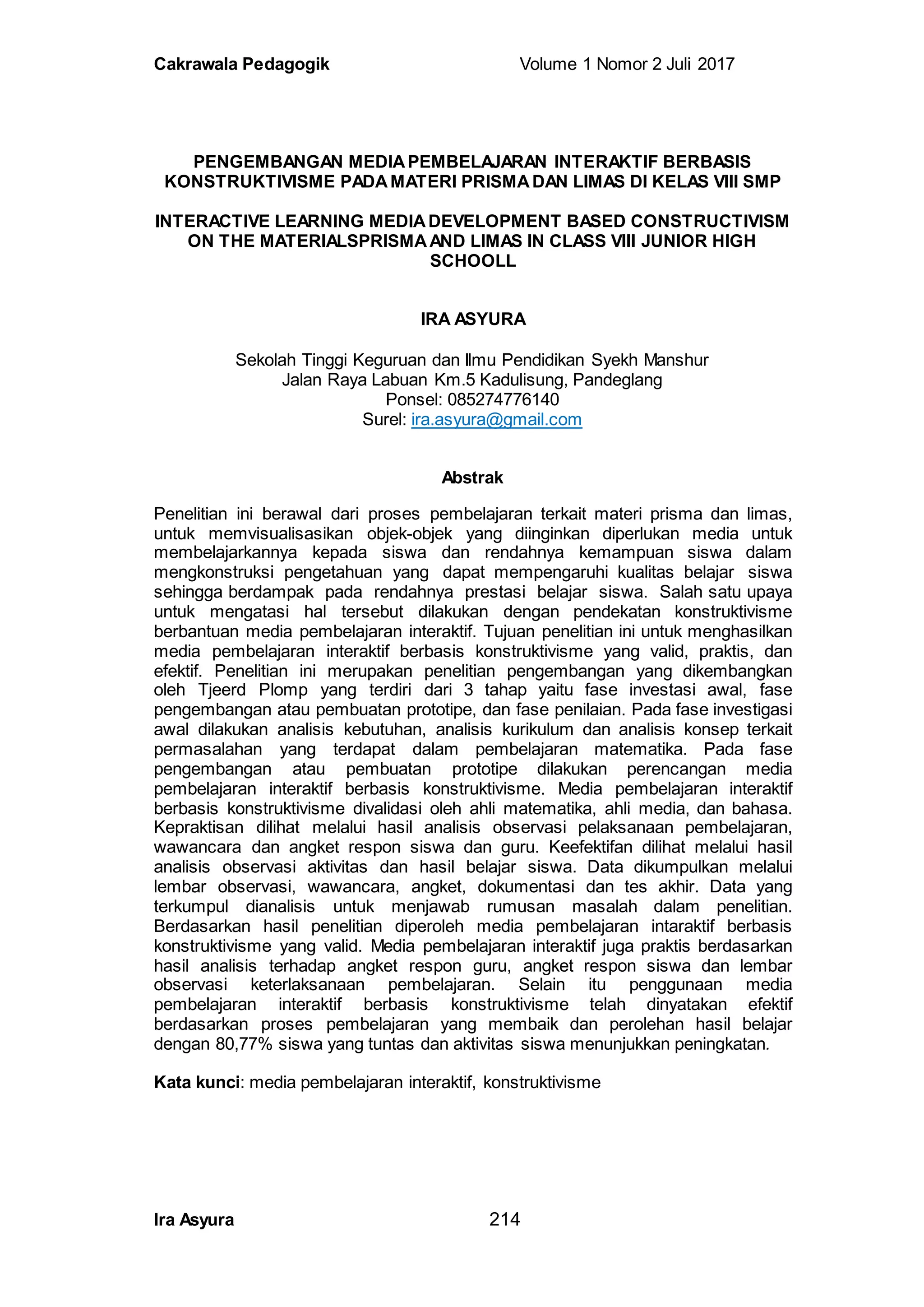 Pengembangan Media Pembelajaran Interaktif Berbasis Konstruktivisme pada Materi Prisma dan Limas ...