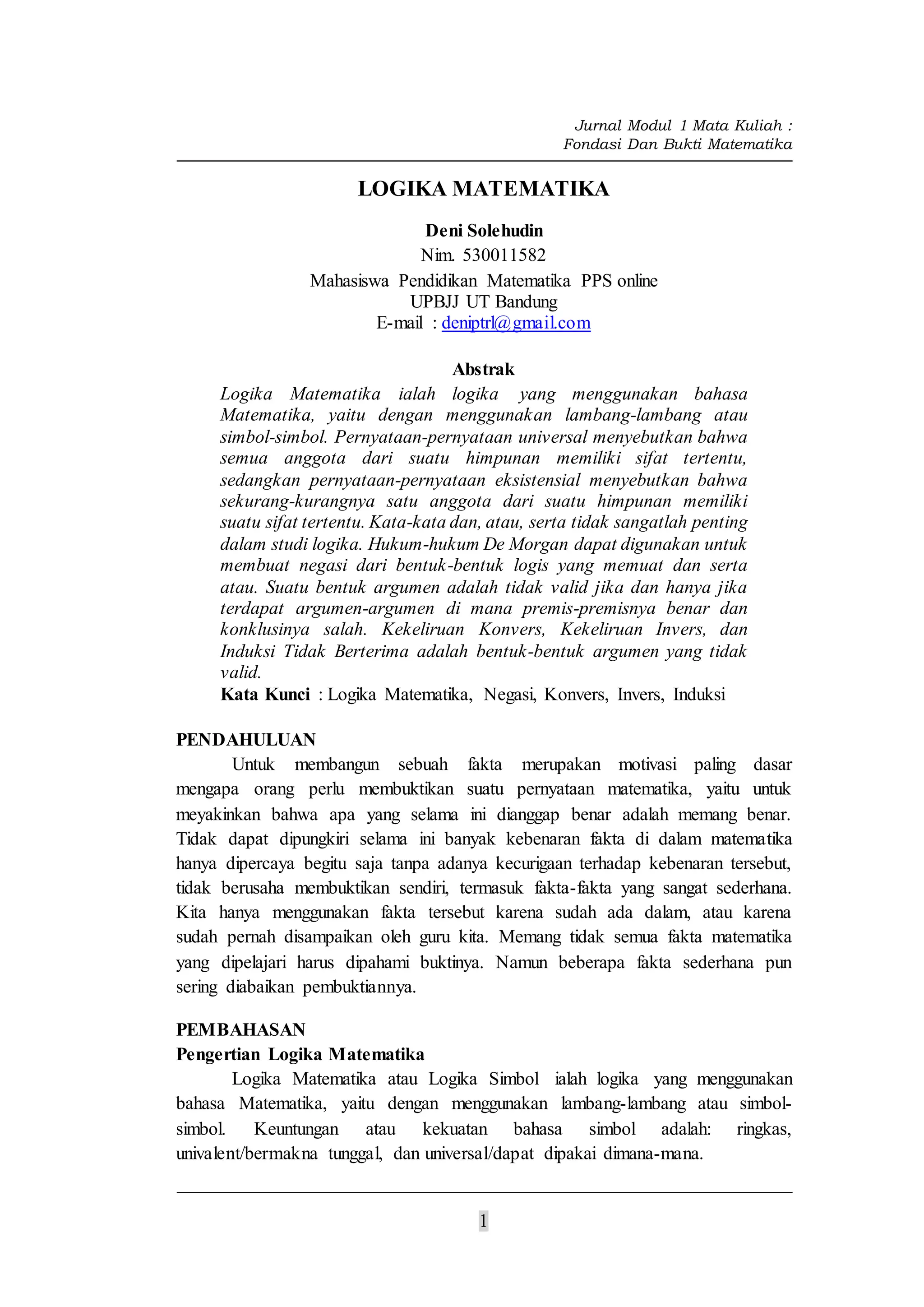 Jurnal modul 1 logika matematika | DOCX