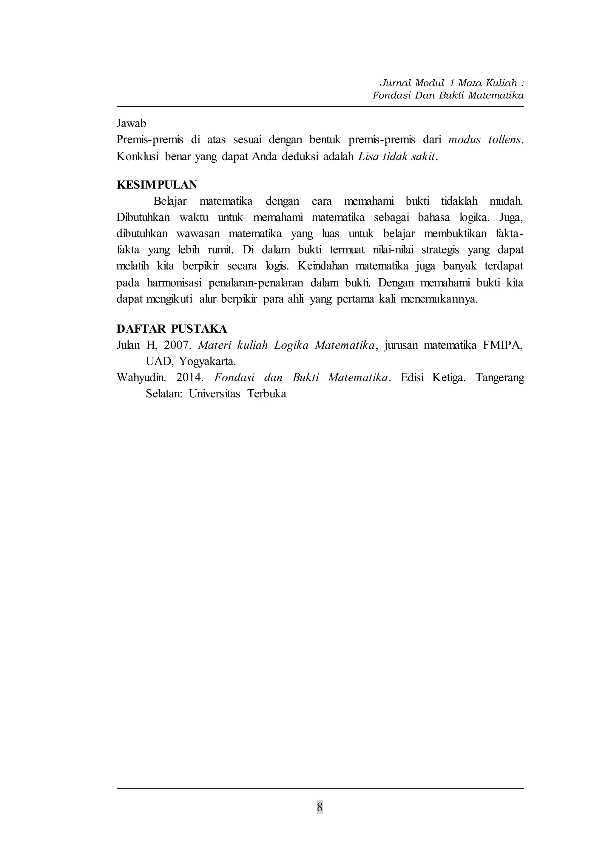 Jurnal modul 1 logika matematika | DOCX