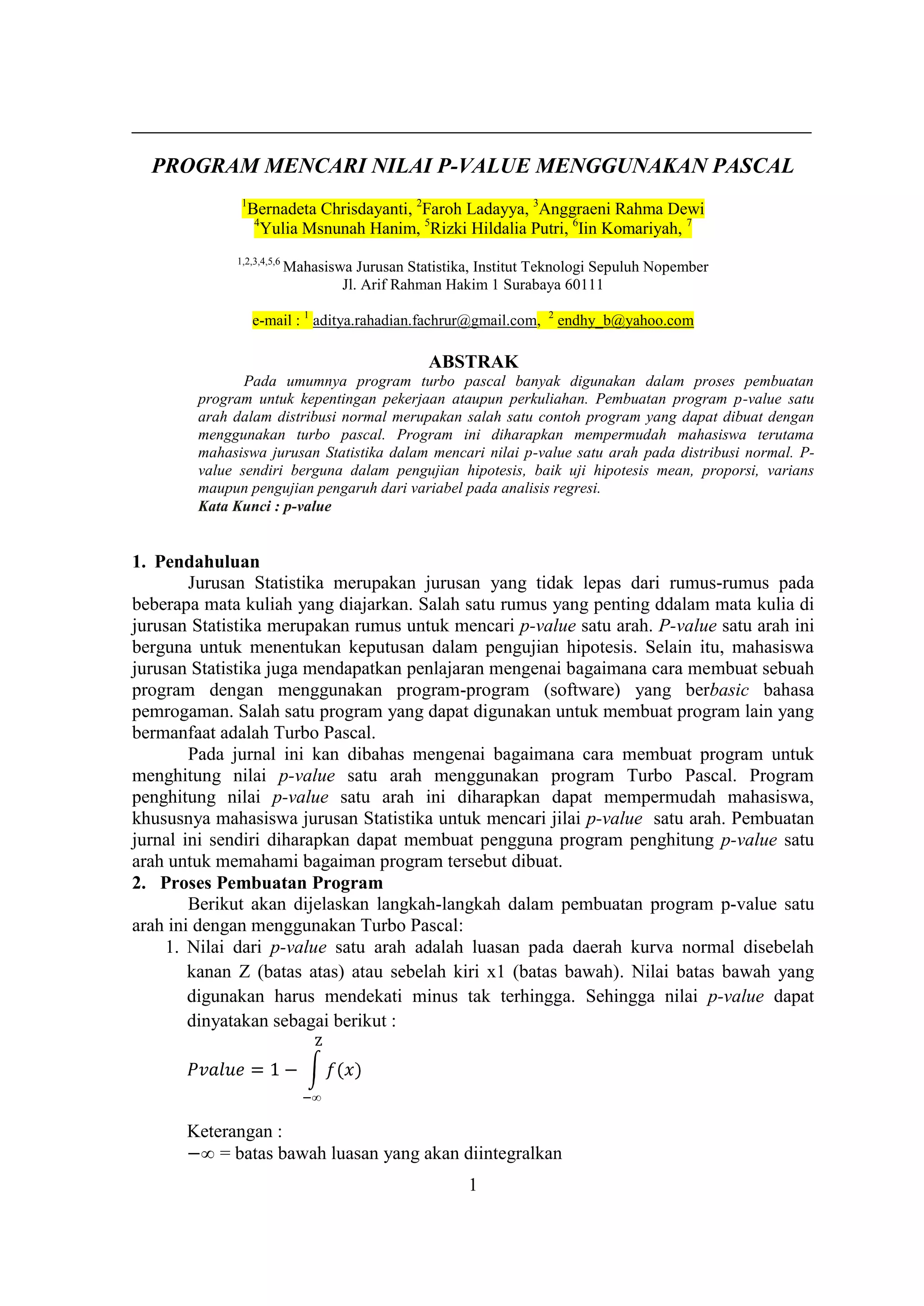 Jurnal p value saru arah (kelompok ganjil) | PDF