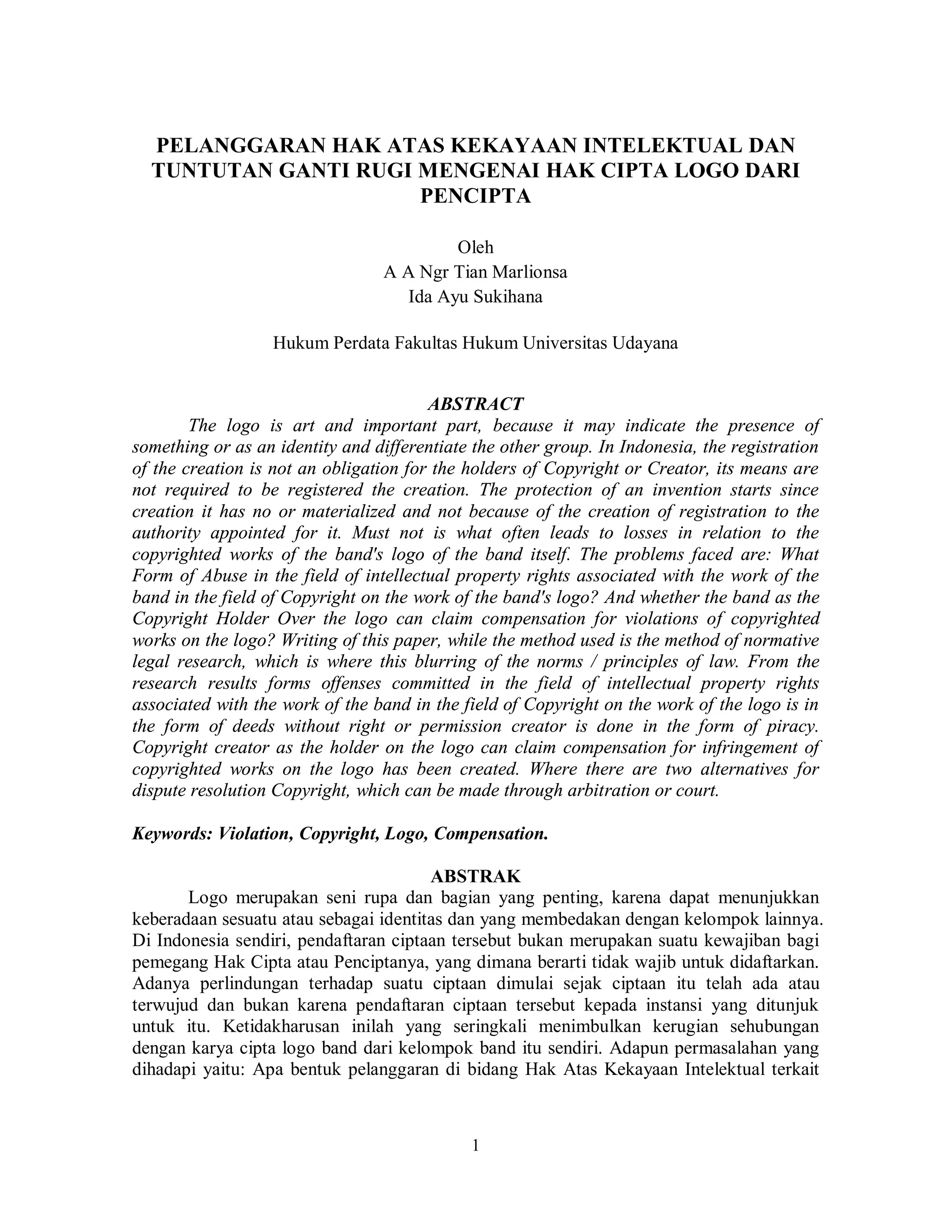 Jurnal pelanggaran hak atas kekayaan intelektual | PDF