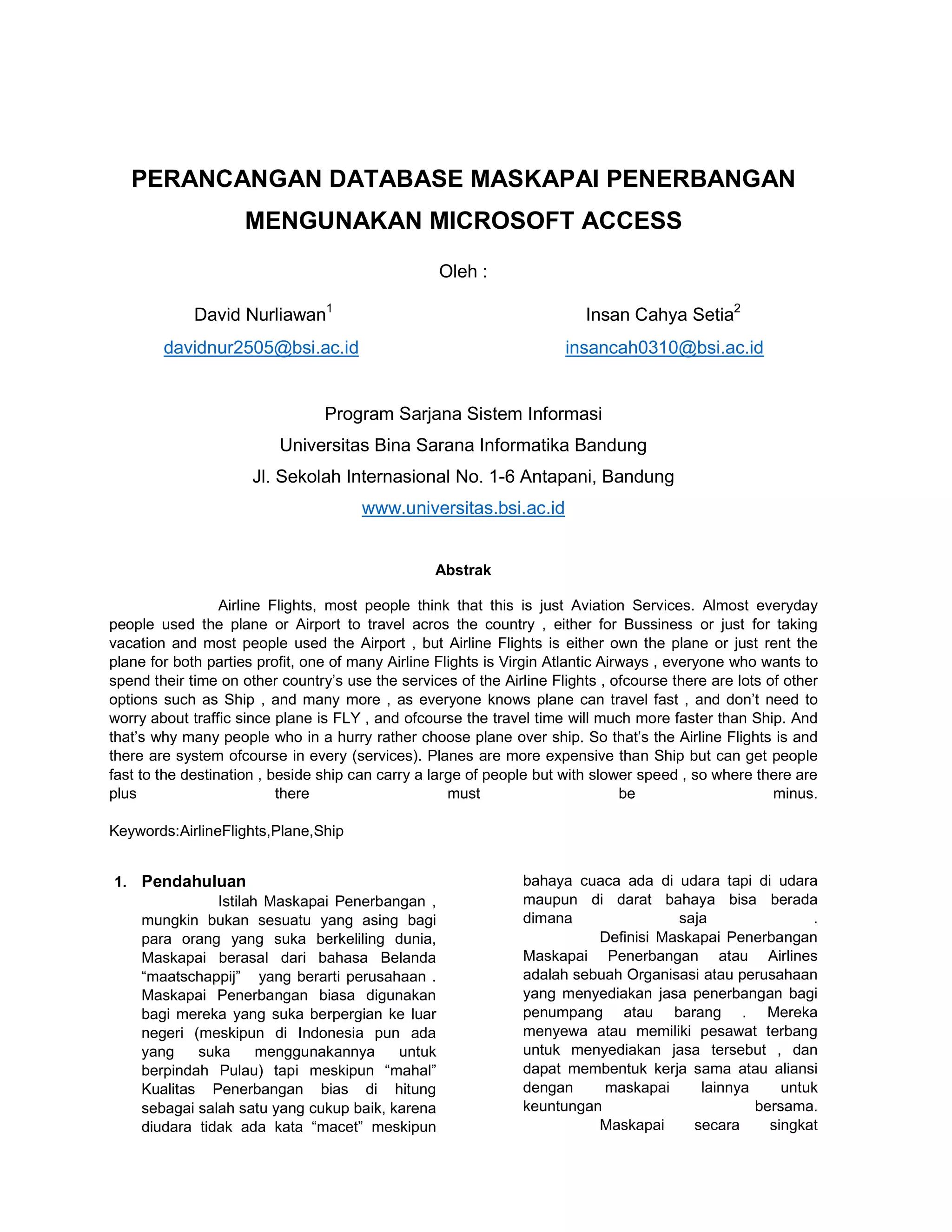 Jurnal perancangan database maskapai penerbangan menggunakan microsoft access | PDF