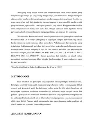 PENAMPILAN DIRI SEBAGAI FAKTOR PENENTU RASA PERCAYA DIRI MAHASISWA | DOCX