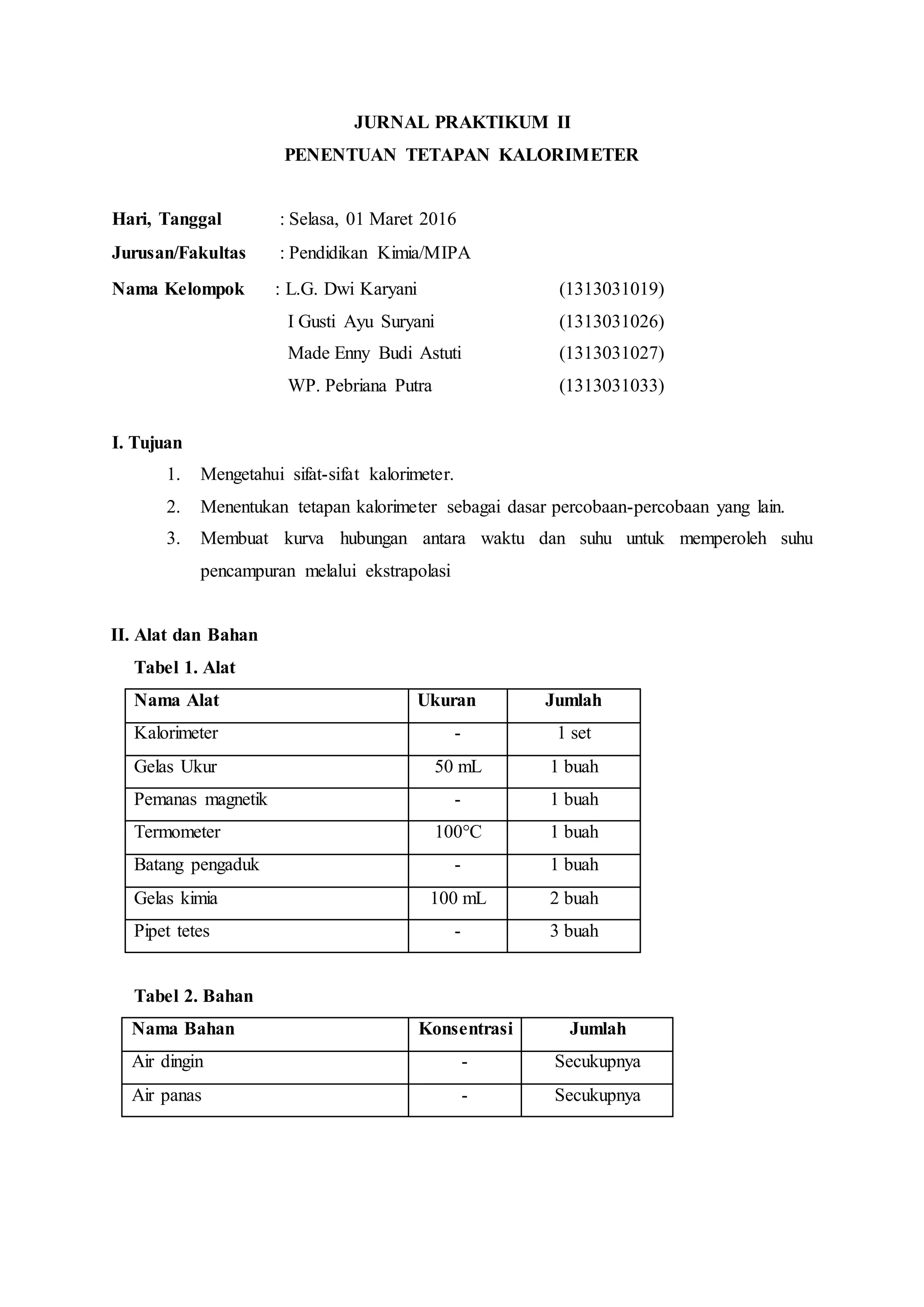Jurnal percobaan ii kalorimeter | DOCX