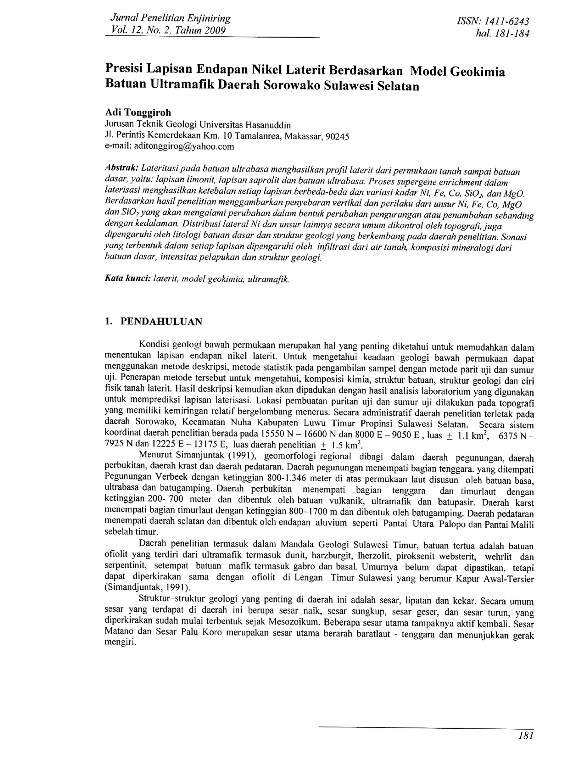 Jurnal presisi lapisan endapan nikel laterit berdasarkan model geokimia batuan ultramafik daerah ...