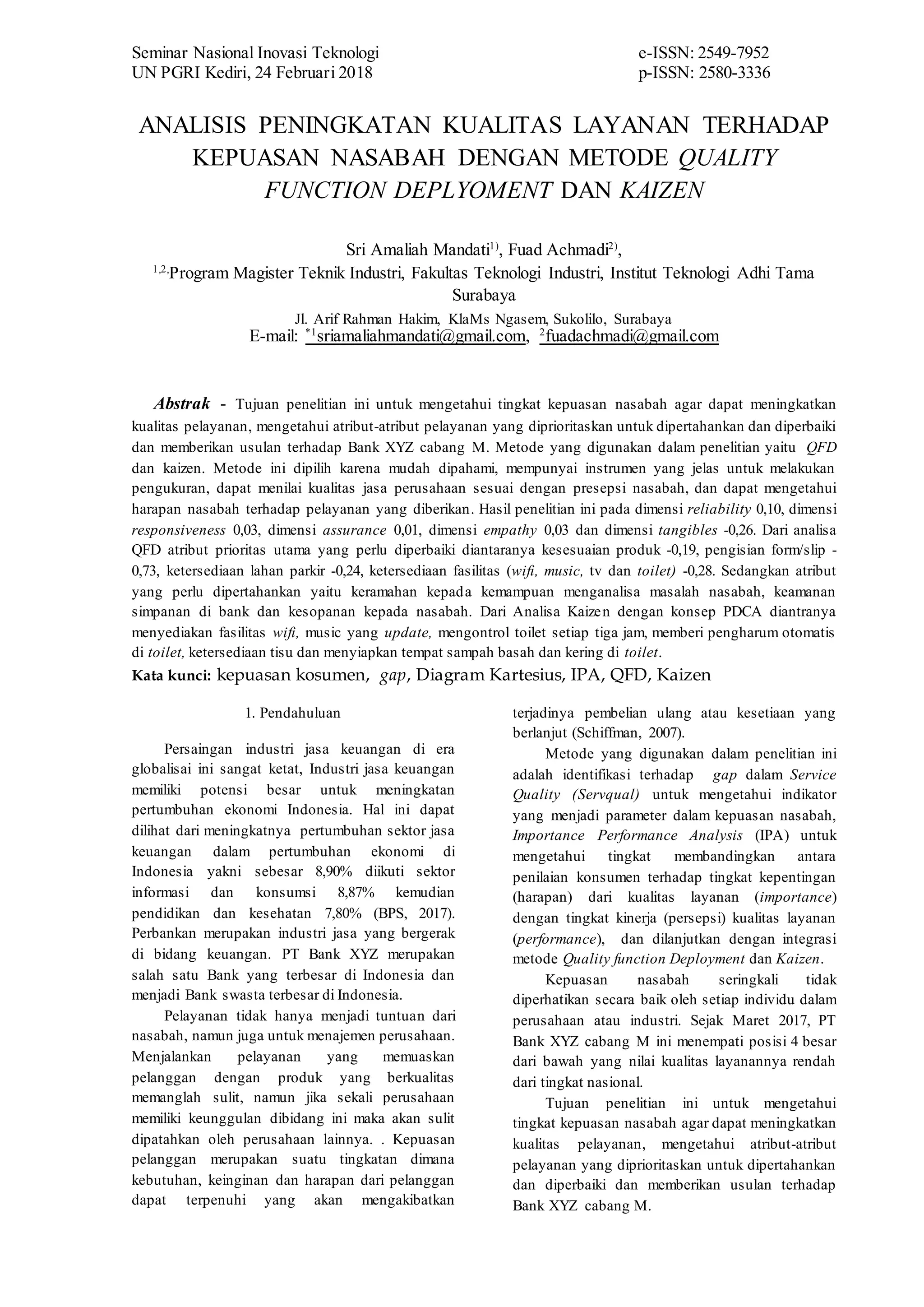 ANALISIS PENINGKATAN KUALITAS LAYANAN TERHADAP KEPUASAN NASABAH DENGAN METODE QUALITY FUNCTION ...