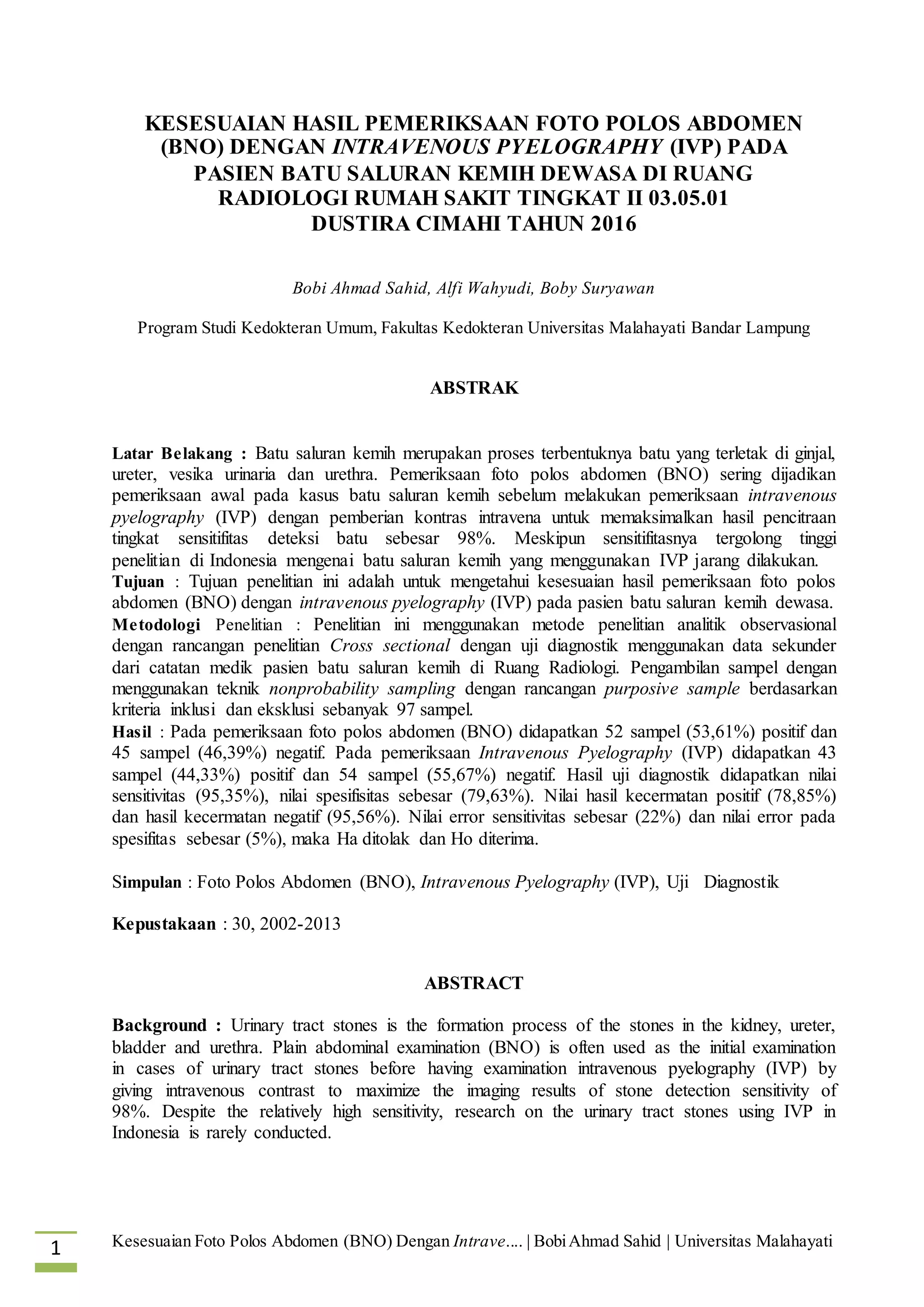 JURNAL FOTO POLOS (BNO) INTRAVENOUS PYELOGRAPHY (IVP) | DOCX