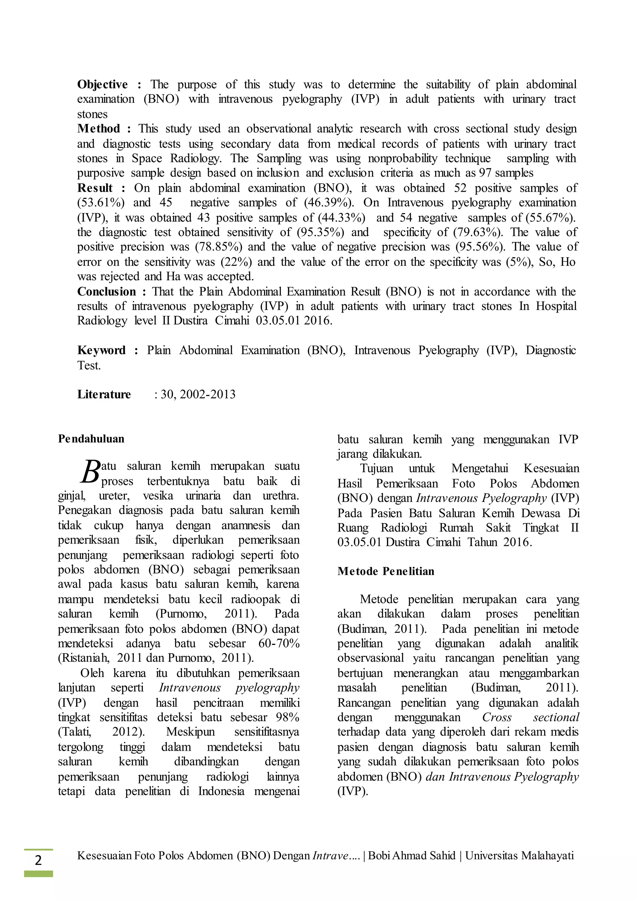 JURNAL FOTO POLOS (BNO) INTRAVENOUS PYELOGRAPHY (IVP) | DOCX