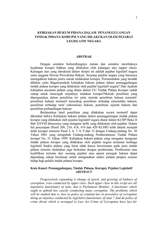 KEBIJAKAN HUKUM PIDANA DALAM PENANGGULANGAN TINDAK PIDANA KORUPSI YANG DILAKUKAN OLEH PEJABAT ...
