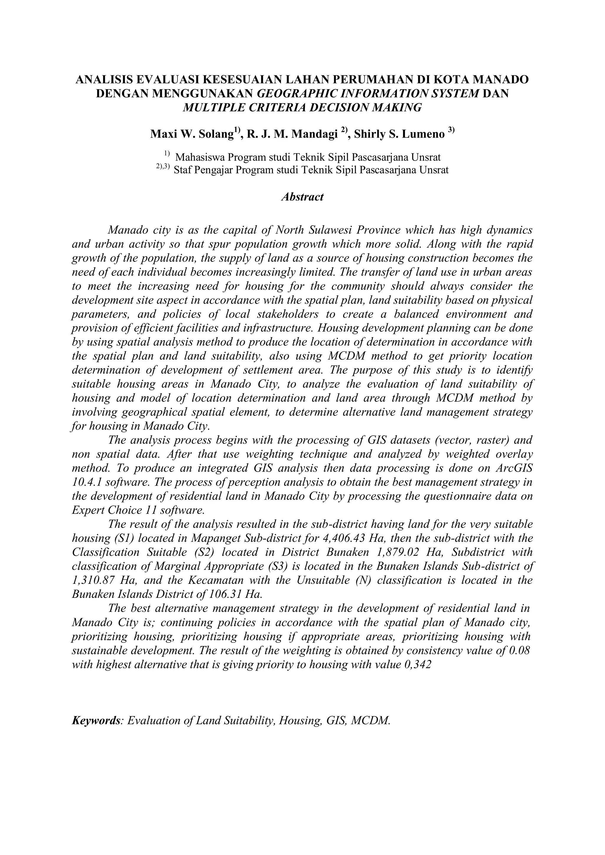ANALISIS EVALUASI KESESUAIAN LAHAN PERUMAHAN DI KOTA MANADO DENGAN MENGGUNAKAN GEOGRAPHIC ...