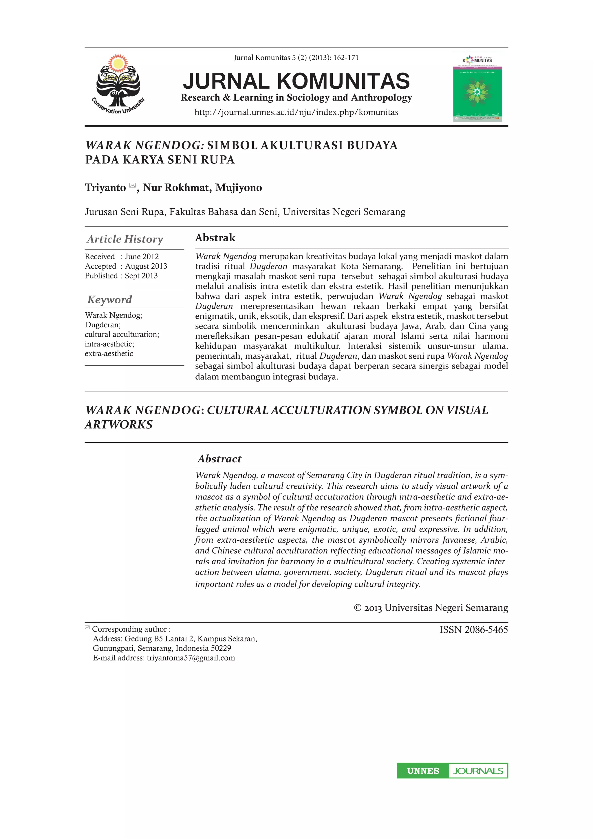 Jurnal warak ngendog simbol akulturasi budaya pada karya seni rupa | PDF