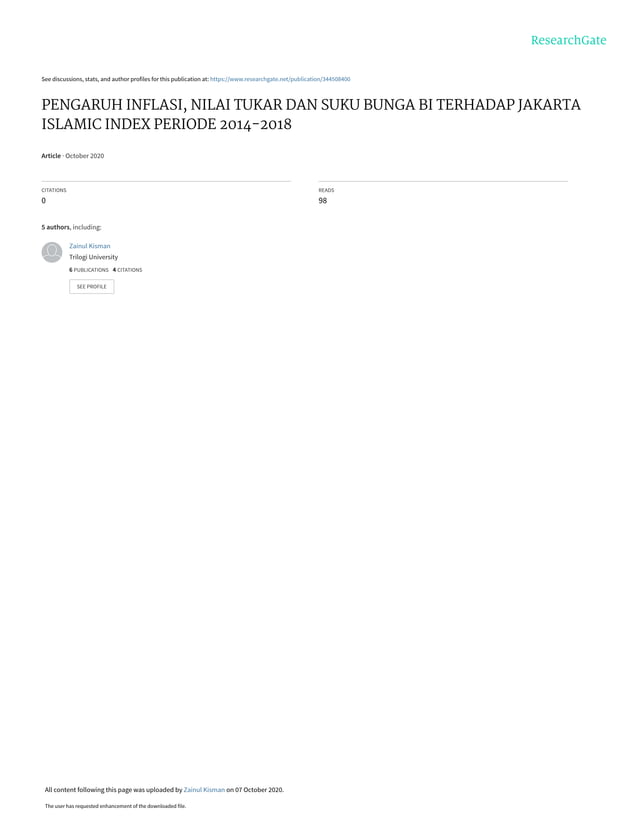 PENGARUH INFLASI, NILAI TUKAR DAN SUKU BUNGA BI TERHADAP JAKARTA ISLAMIC INDEX PERIODE 2014-2018 ...