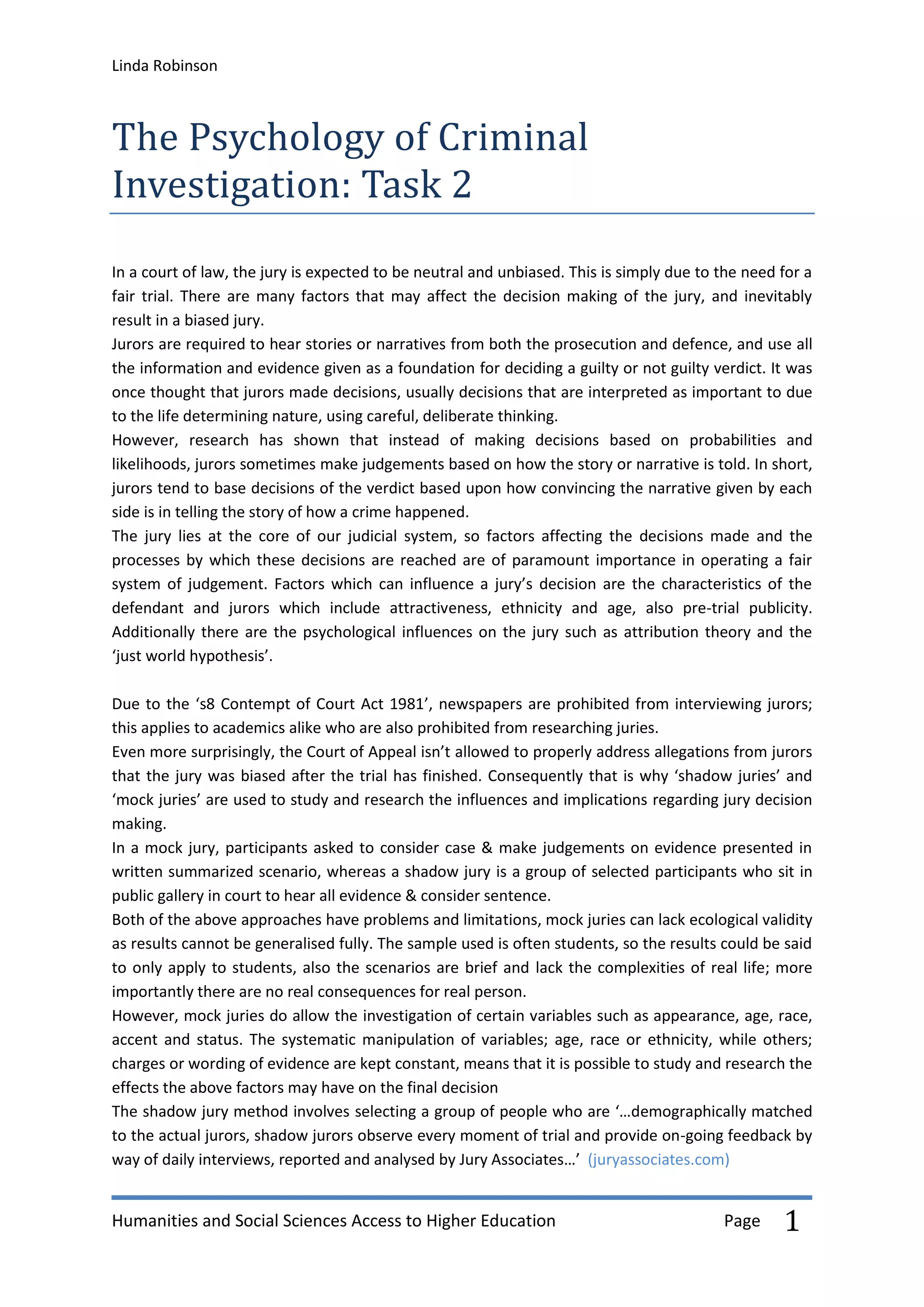 Jury psychology of criminal investigation | DOCX