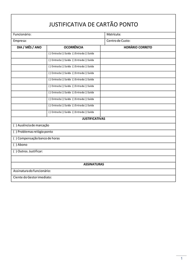 Cartão ponto justificativa registro horas trabalhadas | PDF