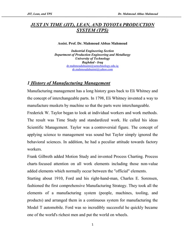 Just in time (jit), lean, and toyota production system (tps) | PDF