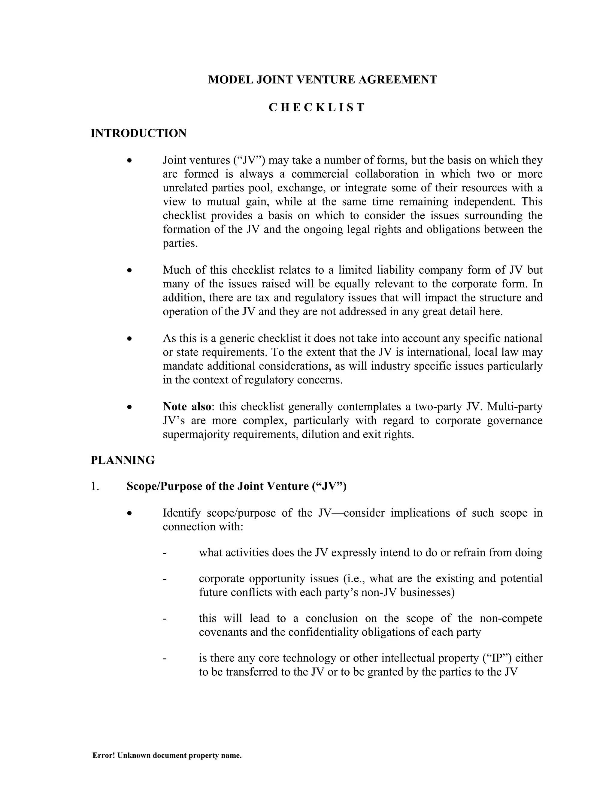 MODEL JOINT VENTURE AGREEMENT CHECKLIST | PDF
