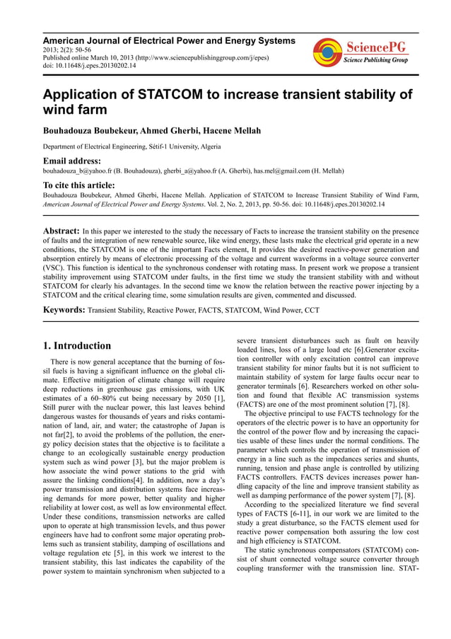 Application of statcom to increase transient stability of wind farm | PDF | Computer Networking ...