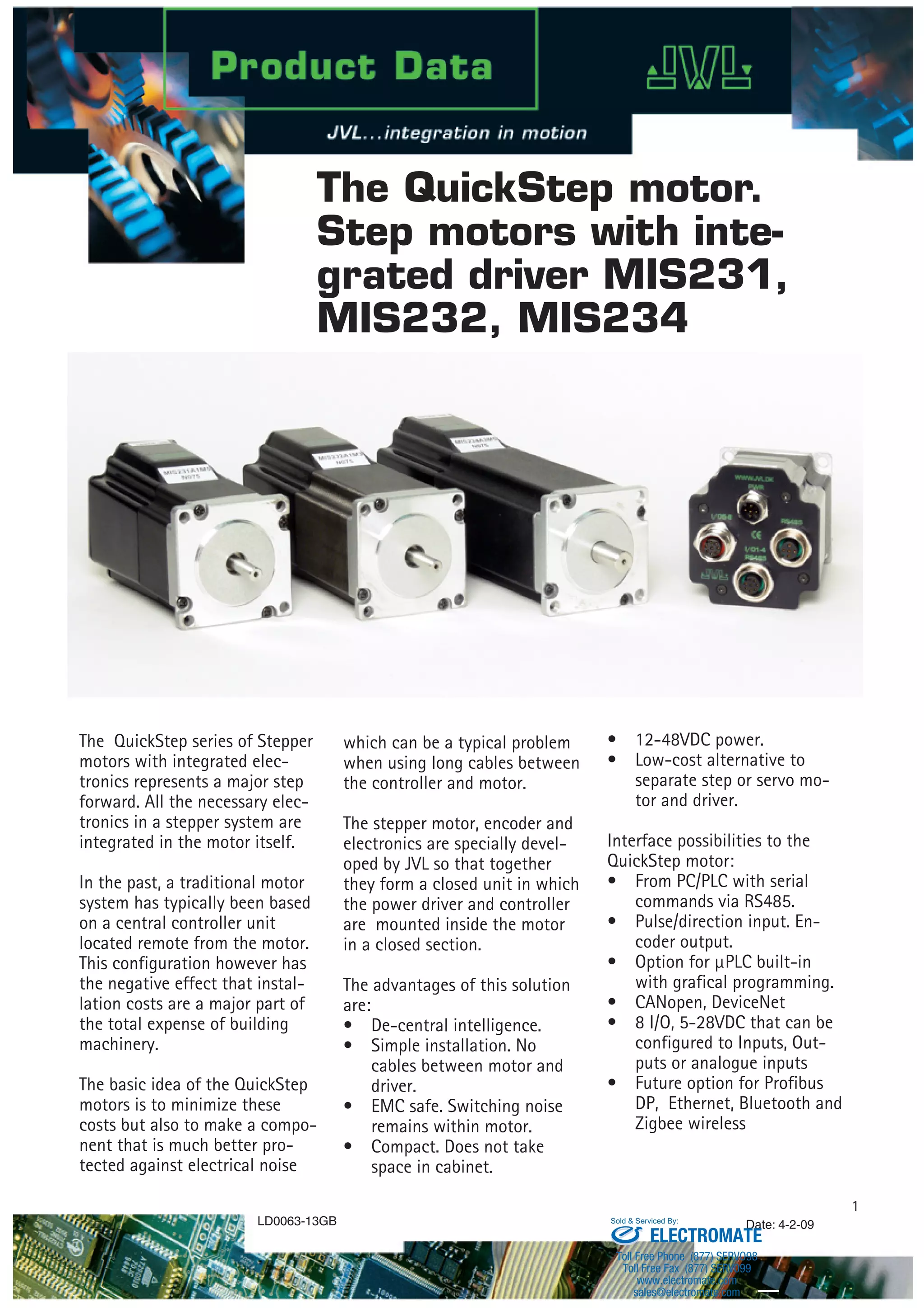 JVL QuickStep Motor with Integrated Driver MIS231,MIS232 and MIS234 | PDF