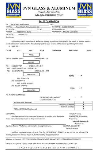 Jvn glass qoutation roofa | DOCX | Home Improvement | Home & Garden