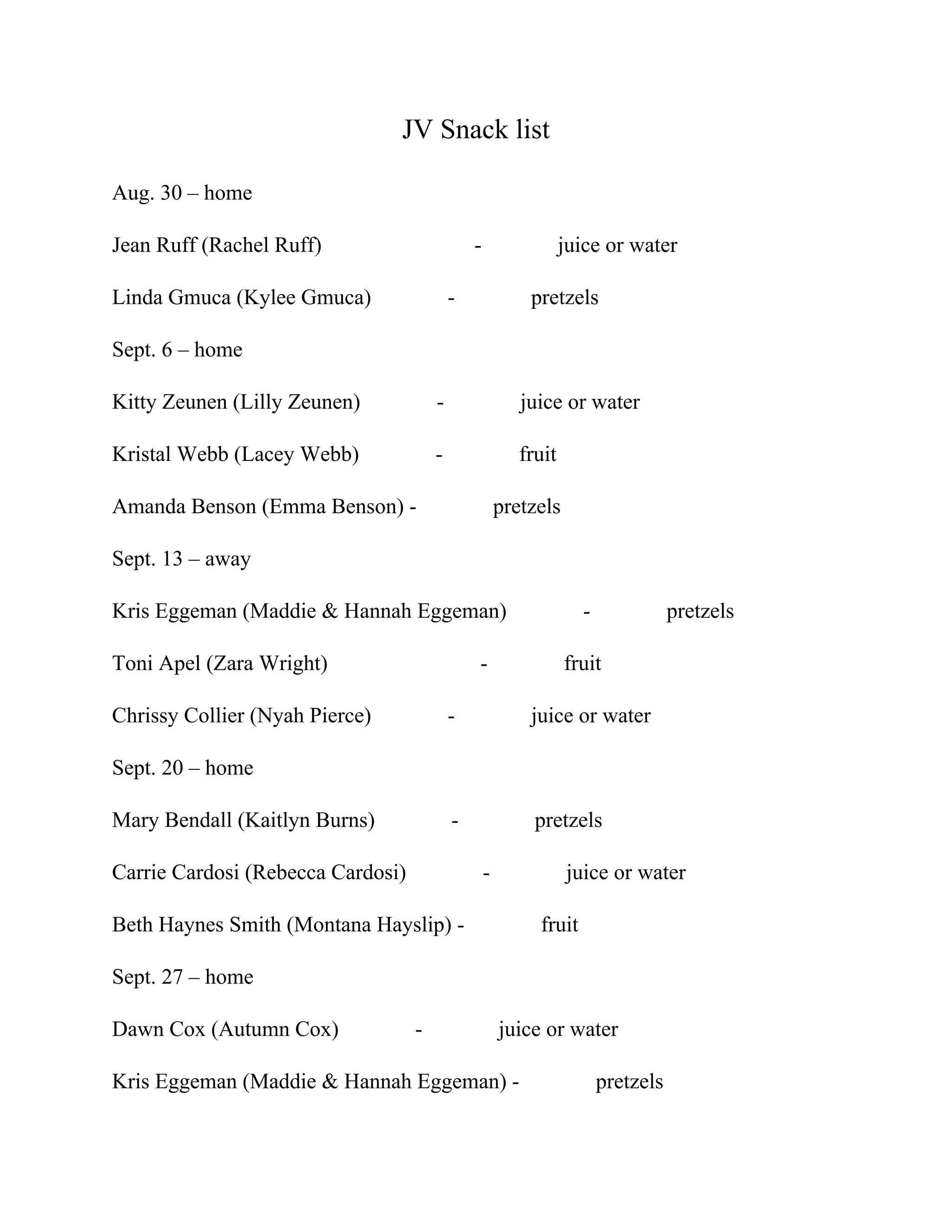 J V Snack List 2009 | PDF