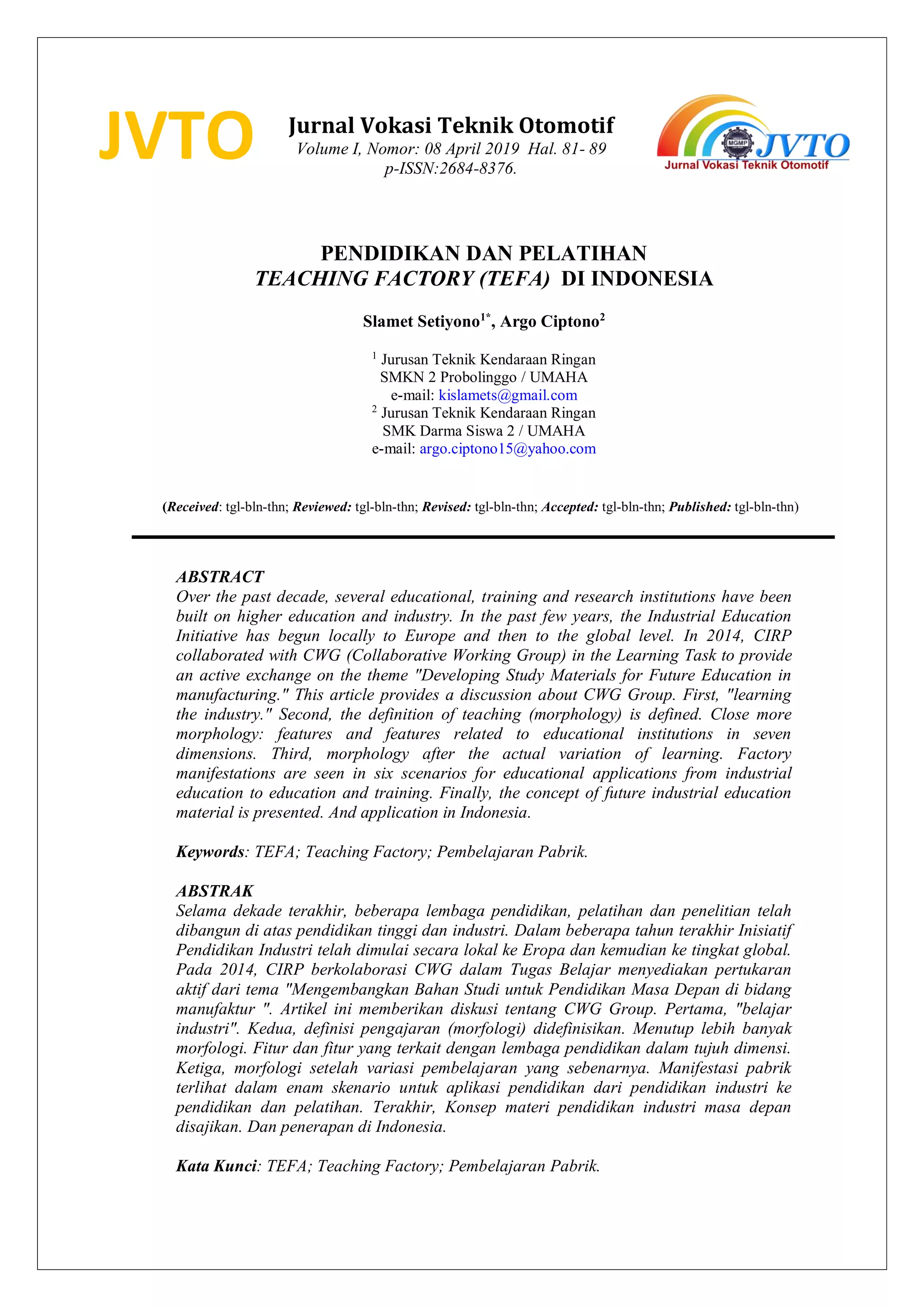 Pendidikan dan Pelatihan Teaching Factory (TEFA) di Indonesia | PDF