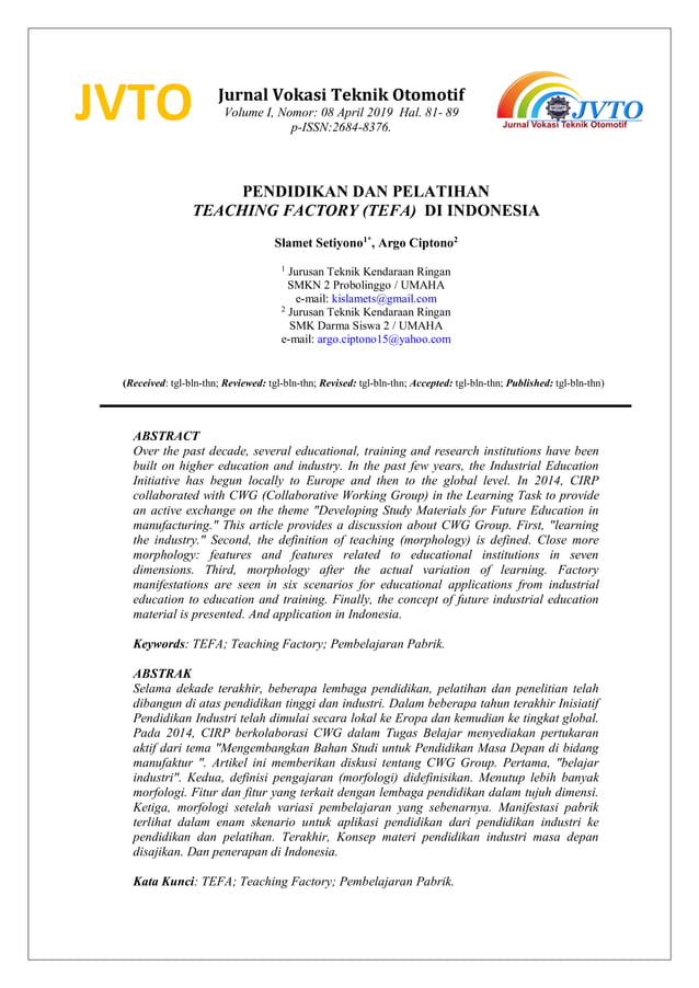 Pendidikan dan Pelatihan Teaching Factory (TEFA) di Indonesia | PDF