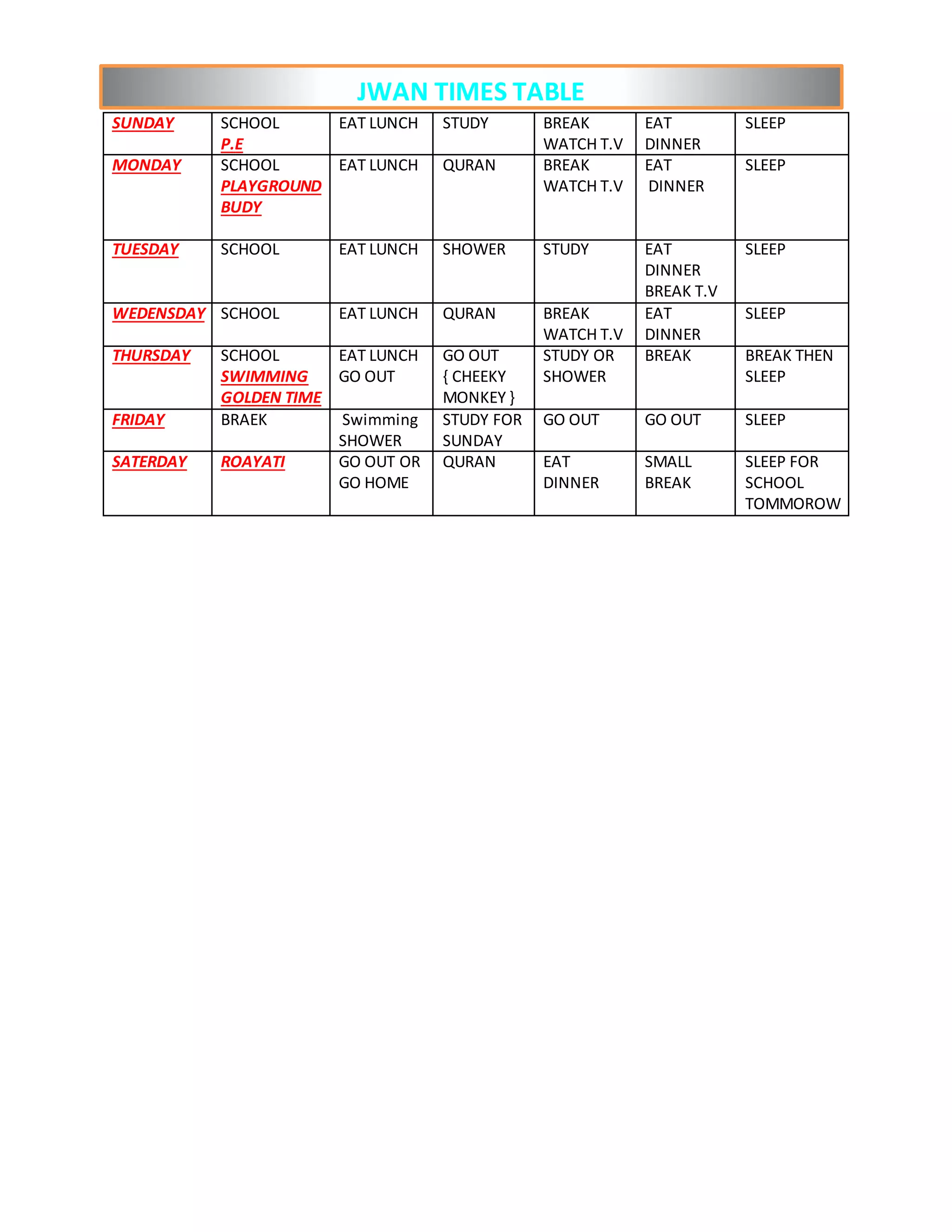 Jwan time table | DOCX