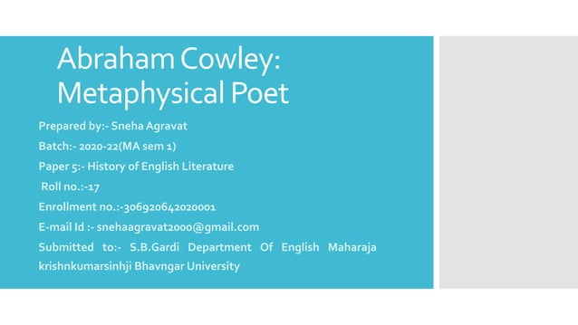 Abraham Cowley: Metaphysical poet | PPT