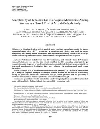 Acceptability of Tenofovir Gel as a Vaginal Microbicide Among Women in a Phase I Trial: A Mixed ...