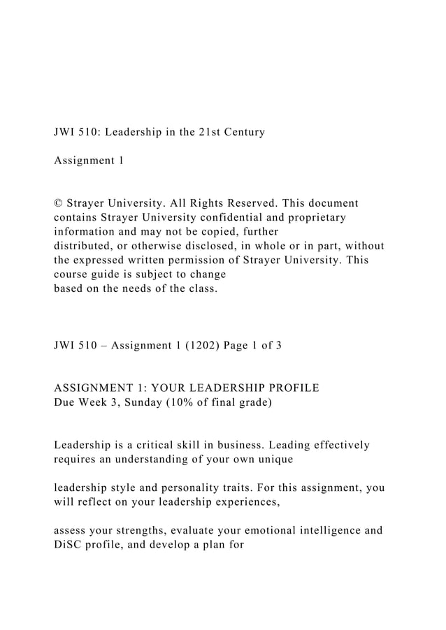 JWI 510 Leadership in the 21st Century Assignment 1 .docx ...