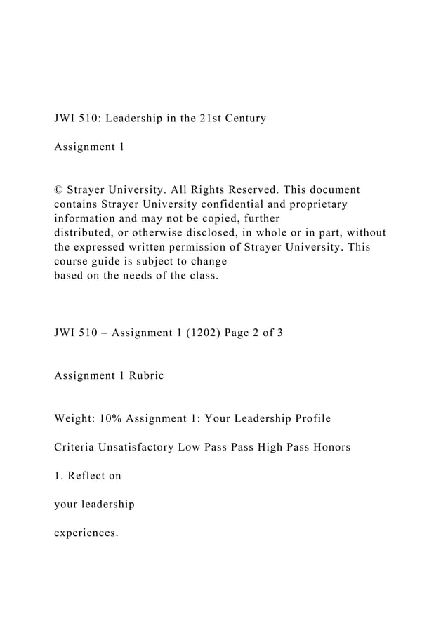 JWI 510 Leadership in the 21st Century Assignment 1 .docx ...