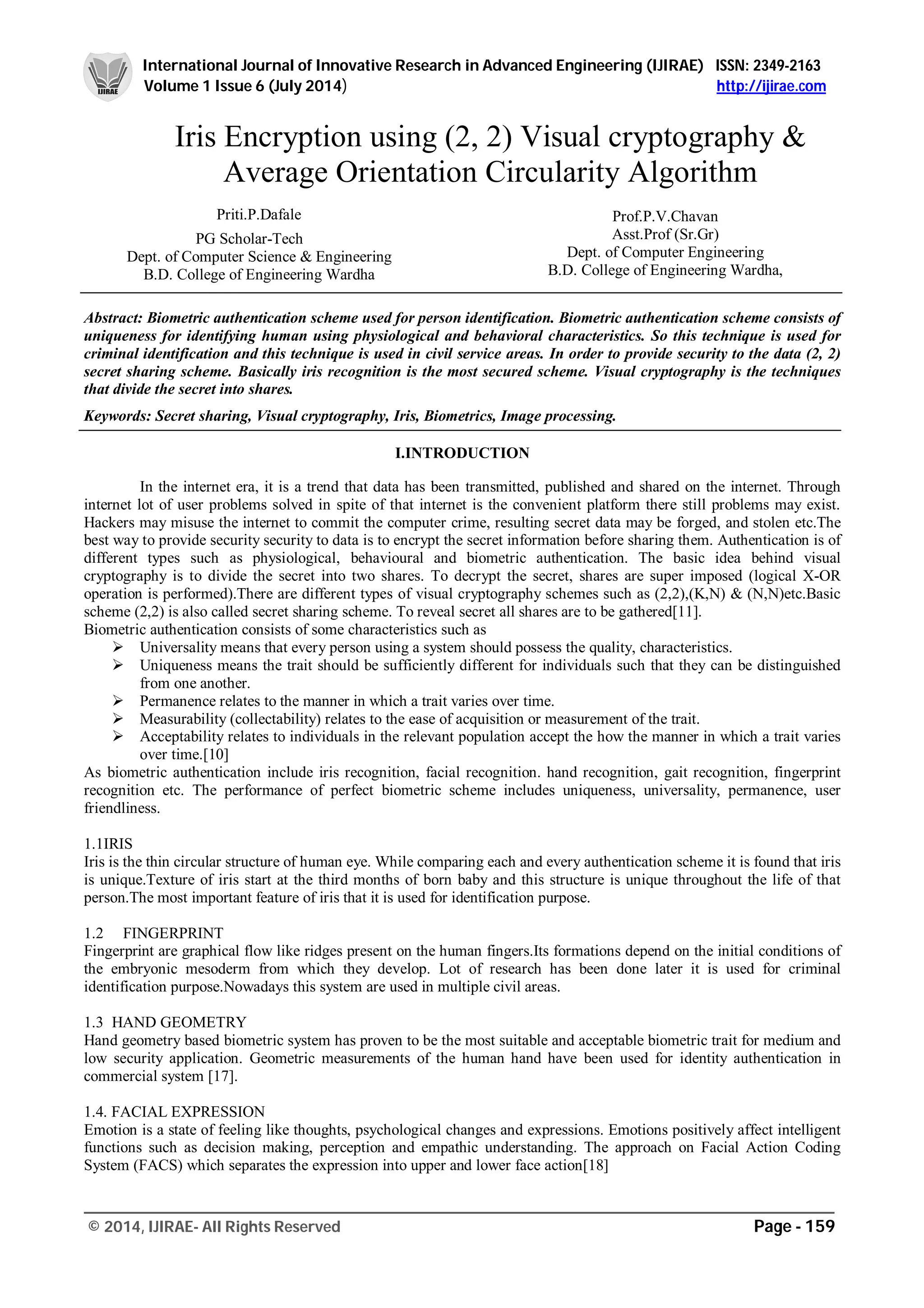 Iris Encryption Using 2 2 Visual Cryptography And Average Orientation Circularity Algorithm Pdf