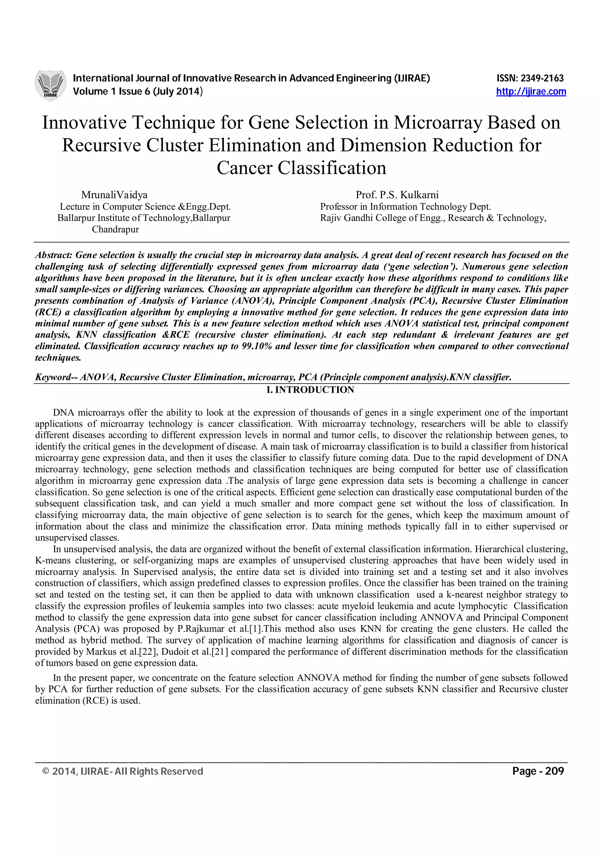 Innovative Technique For Gene Selection In Microarray Based On Recursive Cluster Elimination And 