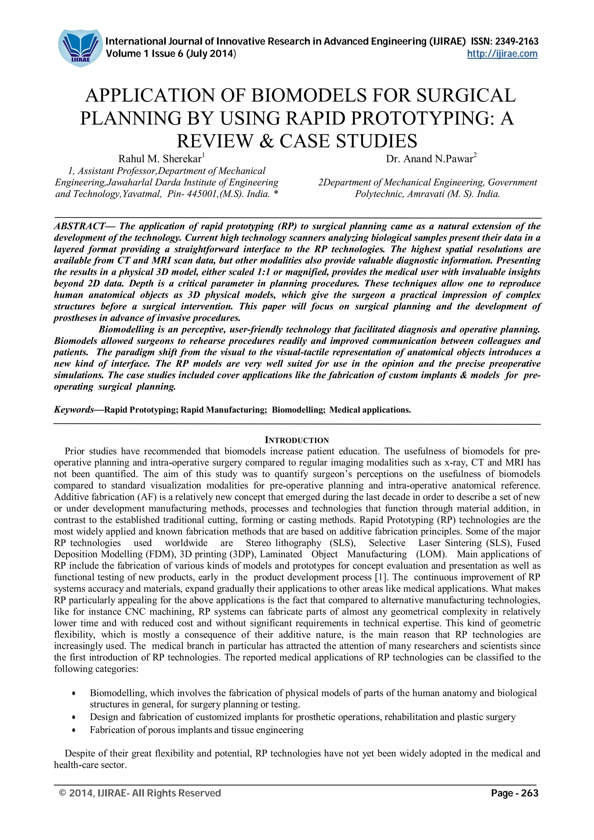 APPLICATION OF BIOMODELS FOR SURGICAL PLANNING BY USING RAPID ...
