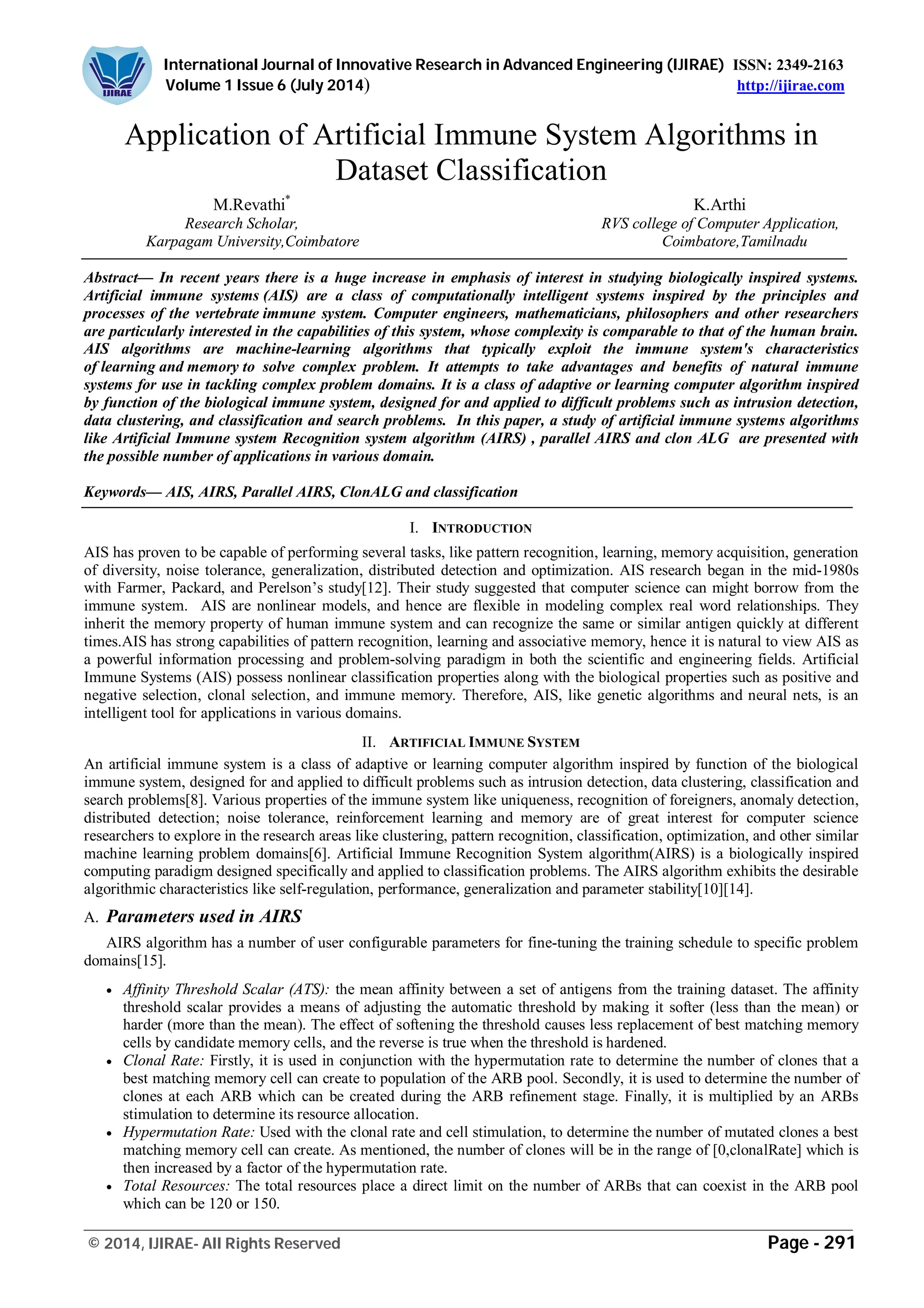 Application Of Artificial Immune System Algorithms In Dataset