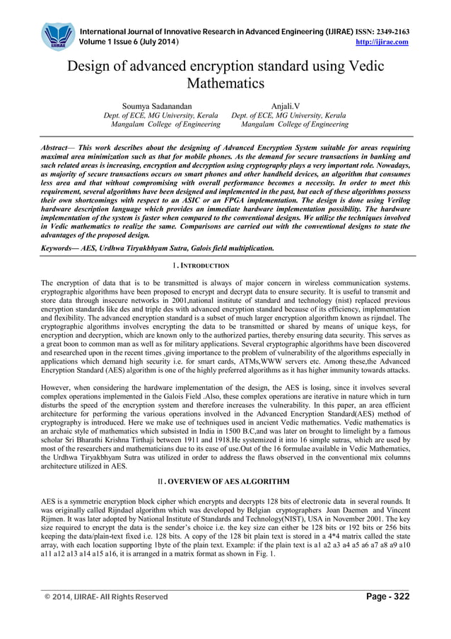 Design of advanced encryption standard using Vedic Mathematics | PDF