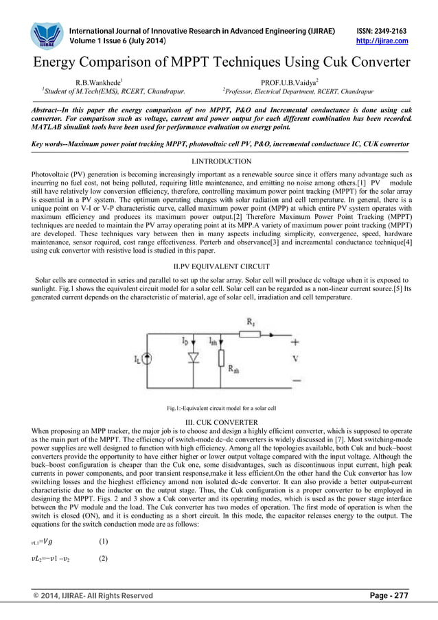 Energy Comparison of MPPT Techniques Using Cuk Converter | PDF