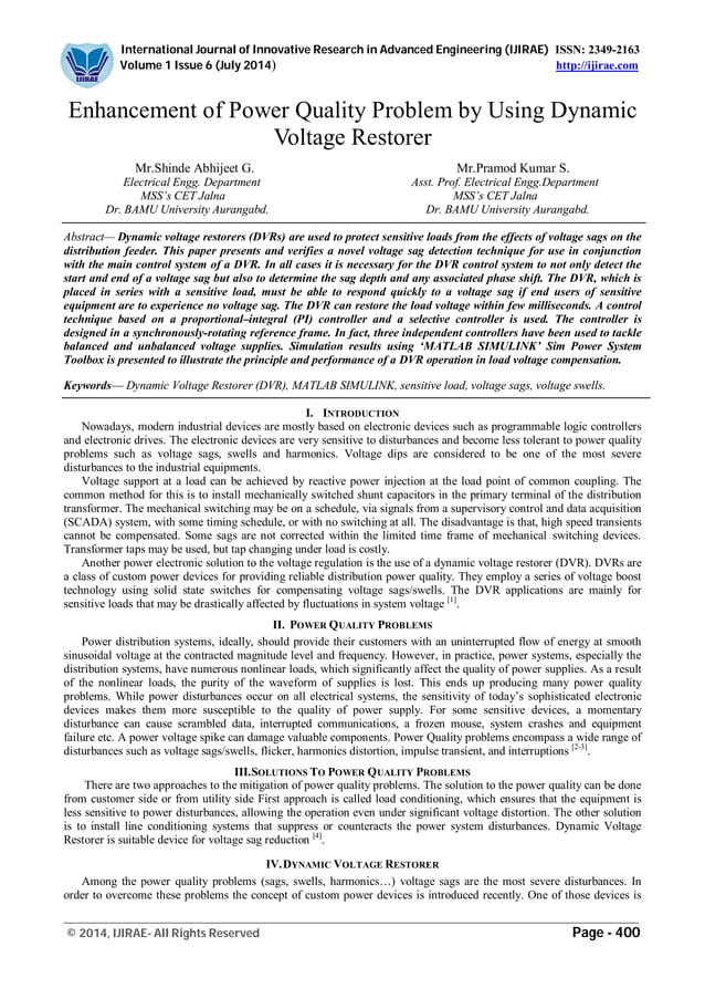 Enhancement of Power Quality Problem by Using Dynamic Voltage Restorer | PDF