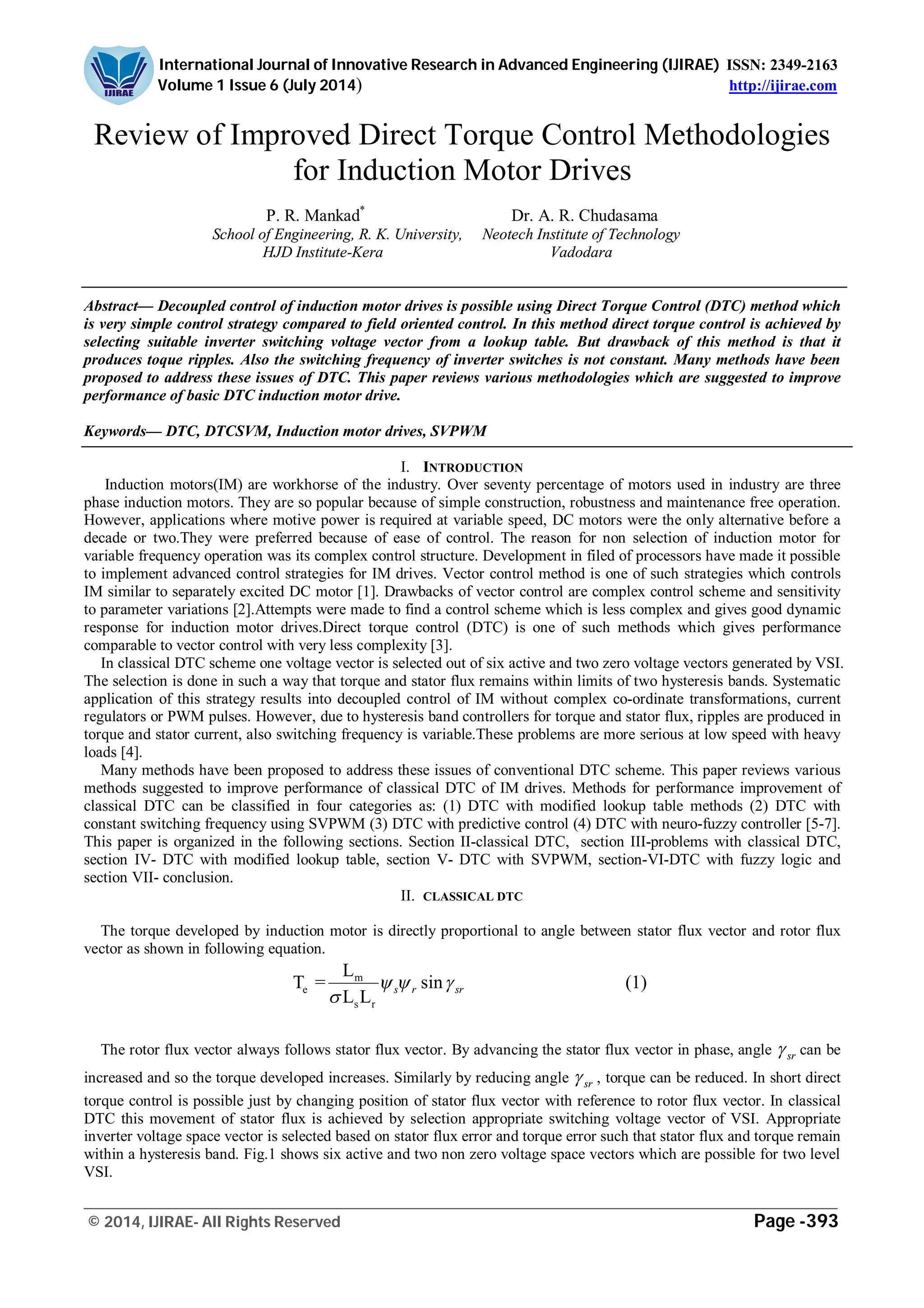 Review of Improved Direct Torque Control Methodologies for Induction Motor Drives | PDF