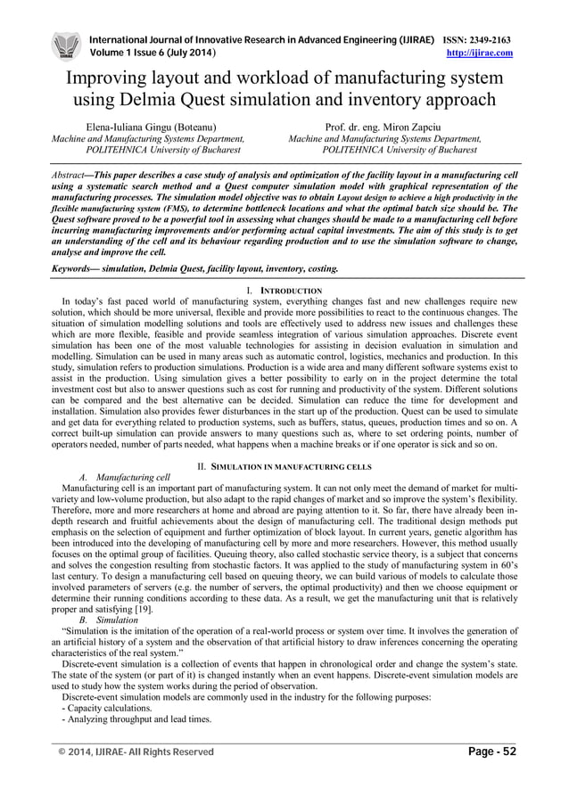 Improving layout and workload of manufacturing system using Delmia Quest simulation and ...
