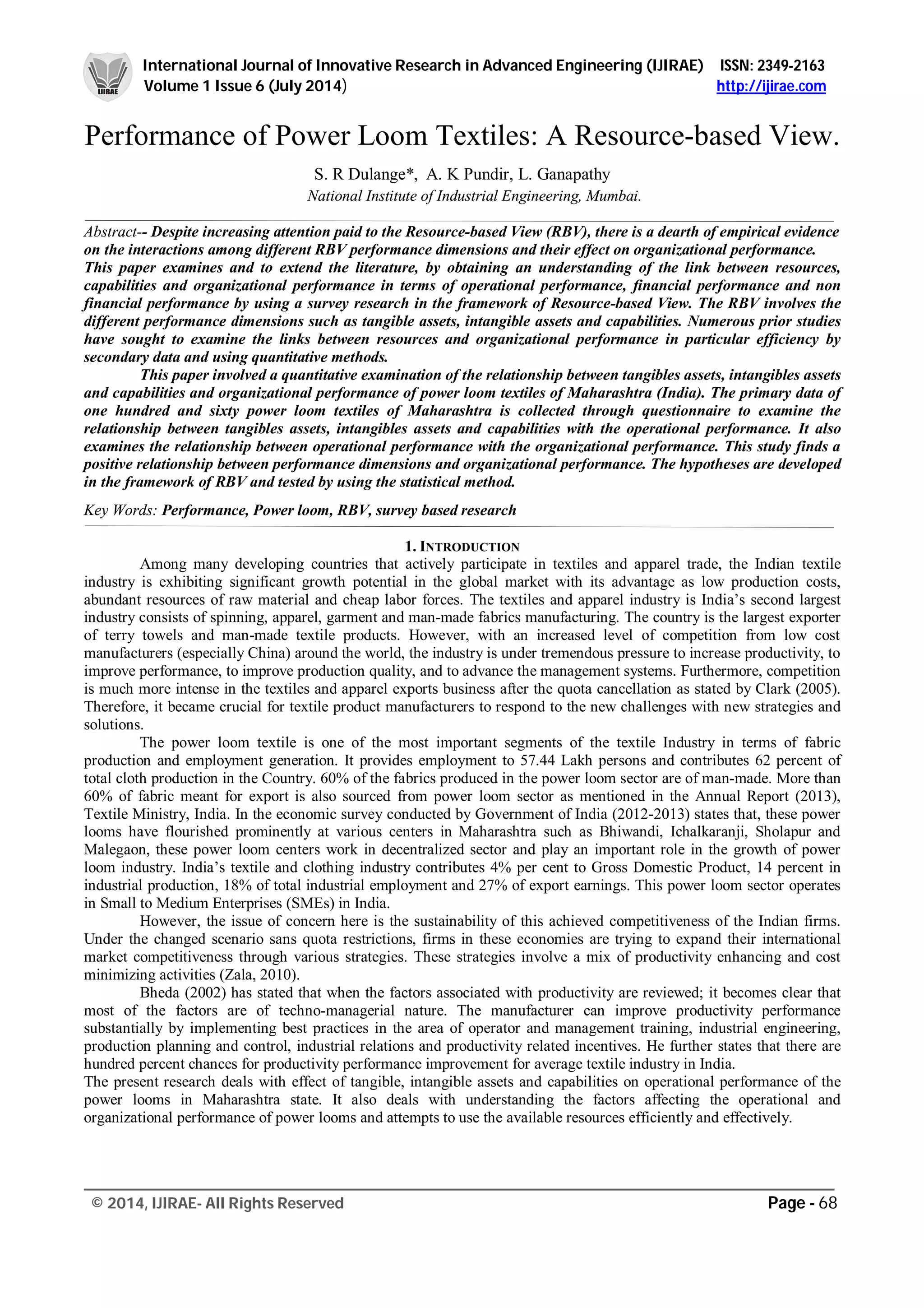 Performance of Power Loom Textiles: A Resource-based View | PDF