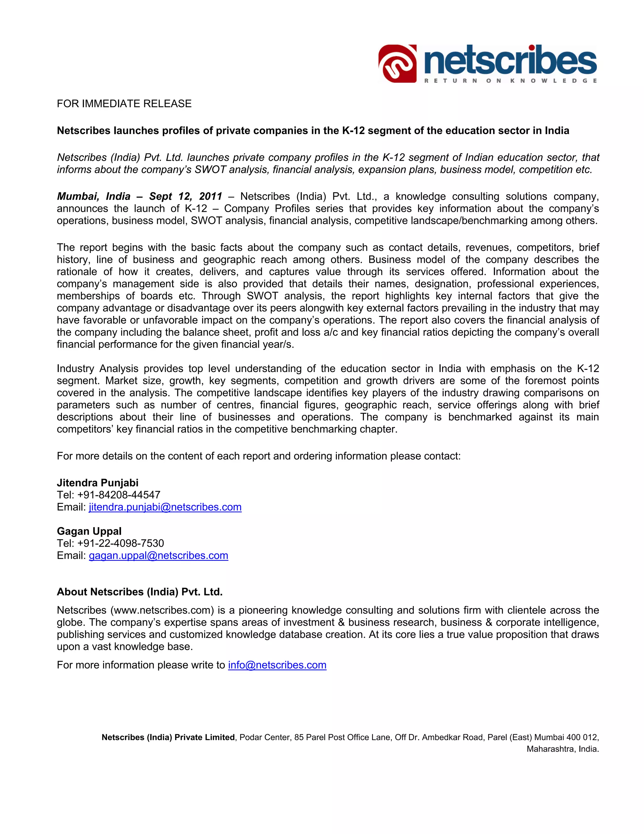 K 12 market in india 2011 - company profile | PDF